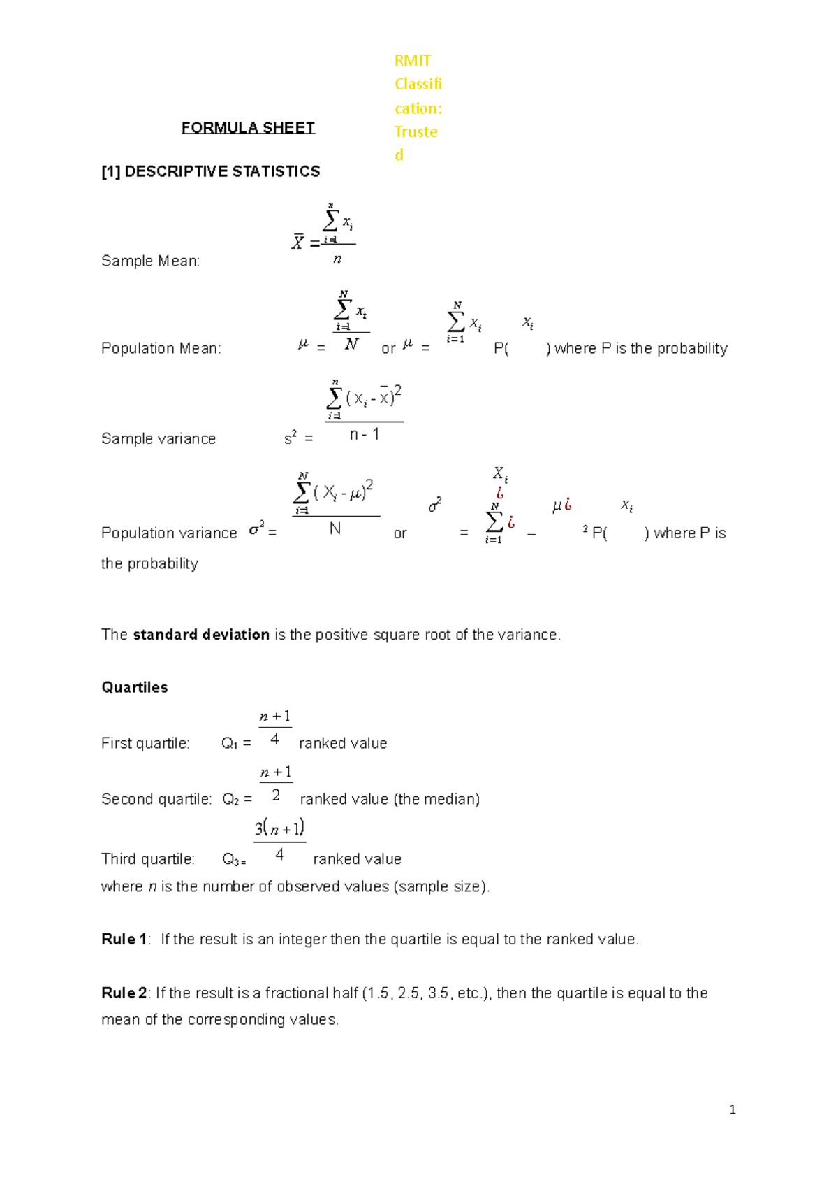 Formula Sheet for Business Statistics - FORMULA SHEET [1] DESCRIPTIVE ...
