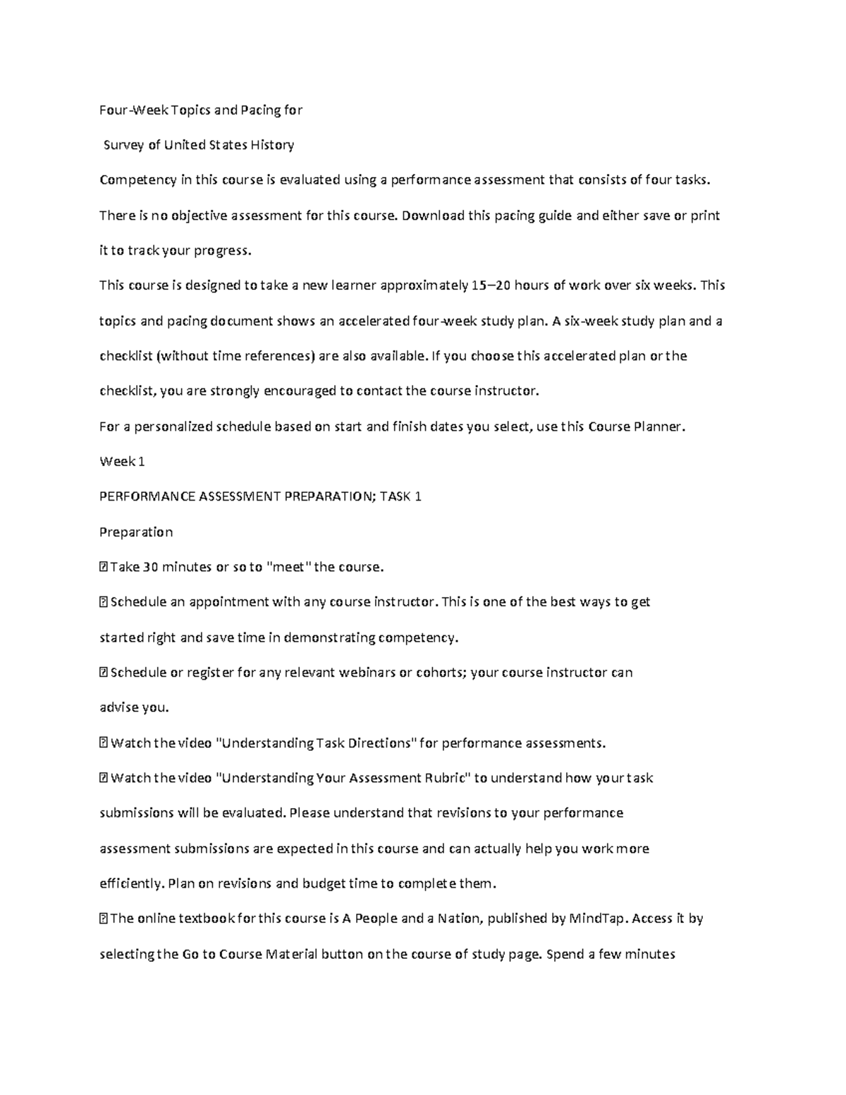 Study Guide - Four-Week Topics and Pacing for Survey of United States ...