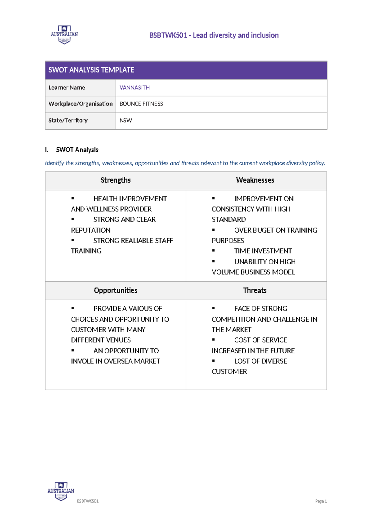 TWK501 SWOT Analysis Template v2 - BSBTWK501 - Lead diversity and ...