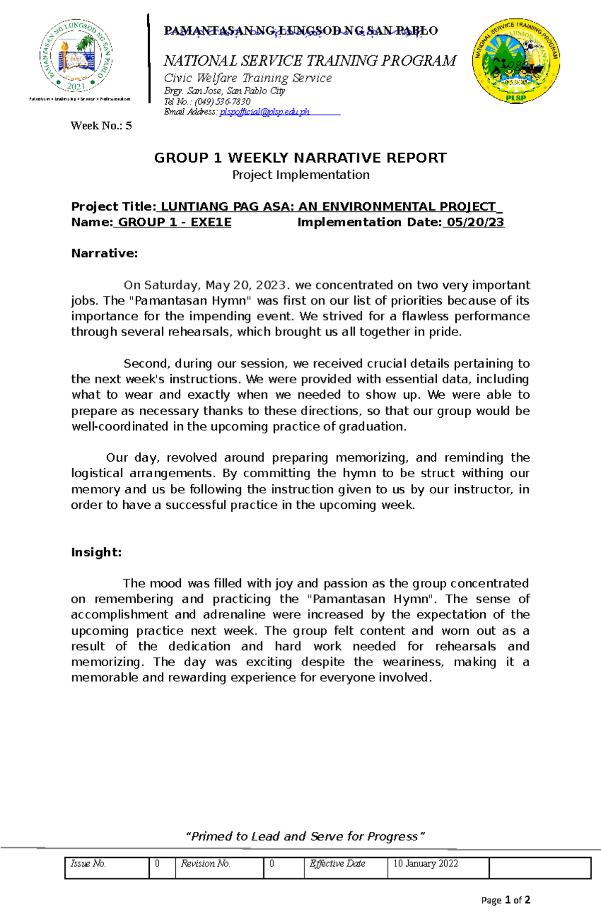 WEEK 5 (4 22 23) - Report - Cwtsexe 1E - Logo Week No.: 5 GROUP 1 ...