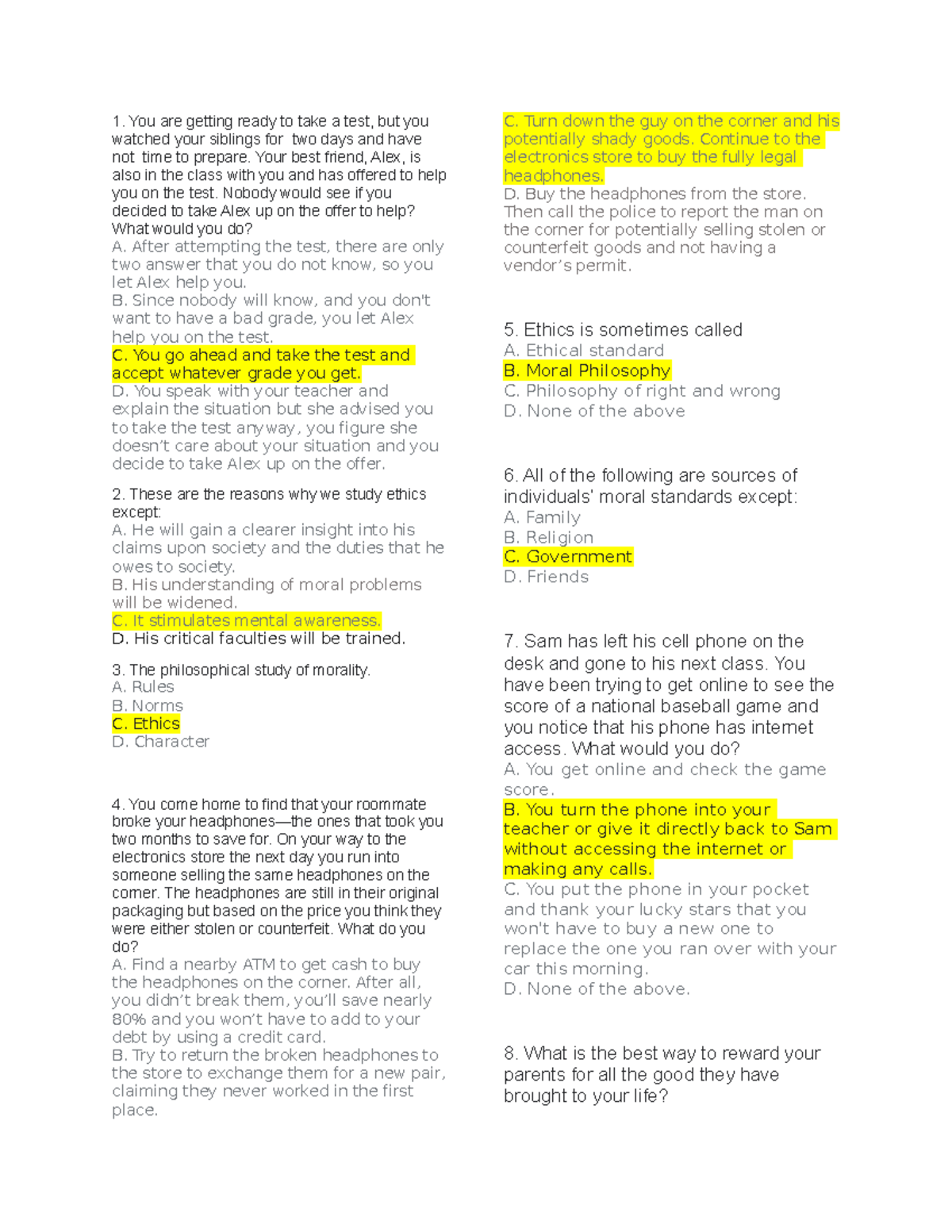 QUIZ NO. 1 Ethics (WITH Answers) - You are getting ready to take a test ...