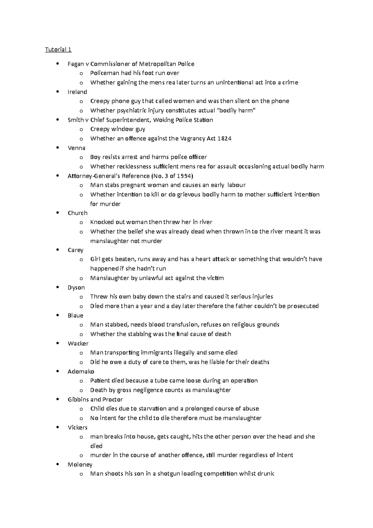 Tutorial 1 - Tutorial 1 Fagan v Commissioner of Metropolitan Police o ...