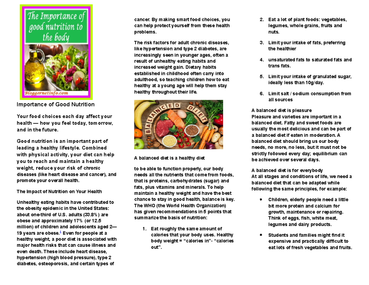 Importance of Good Nutrition - Good nutrition is an important part of ...