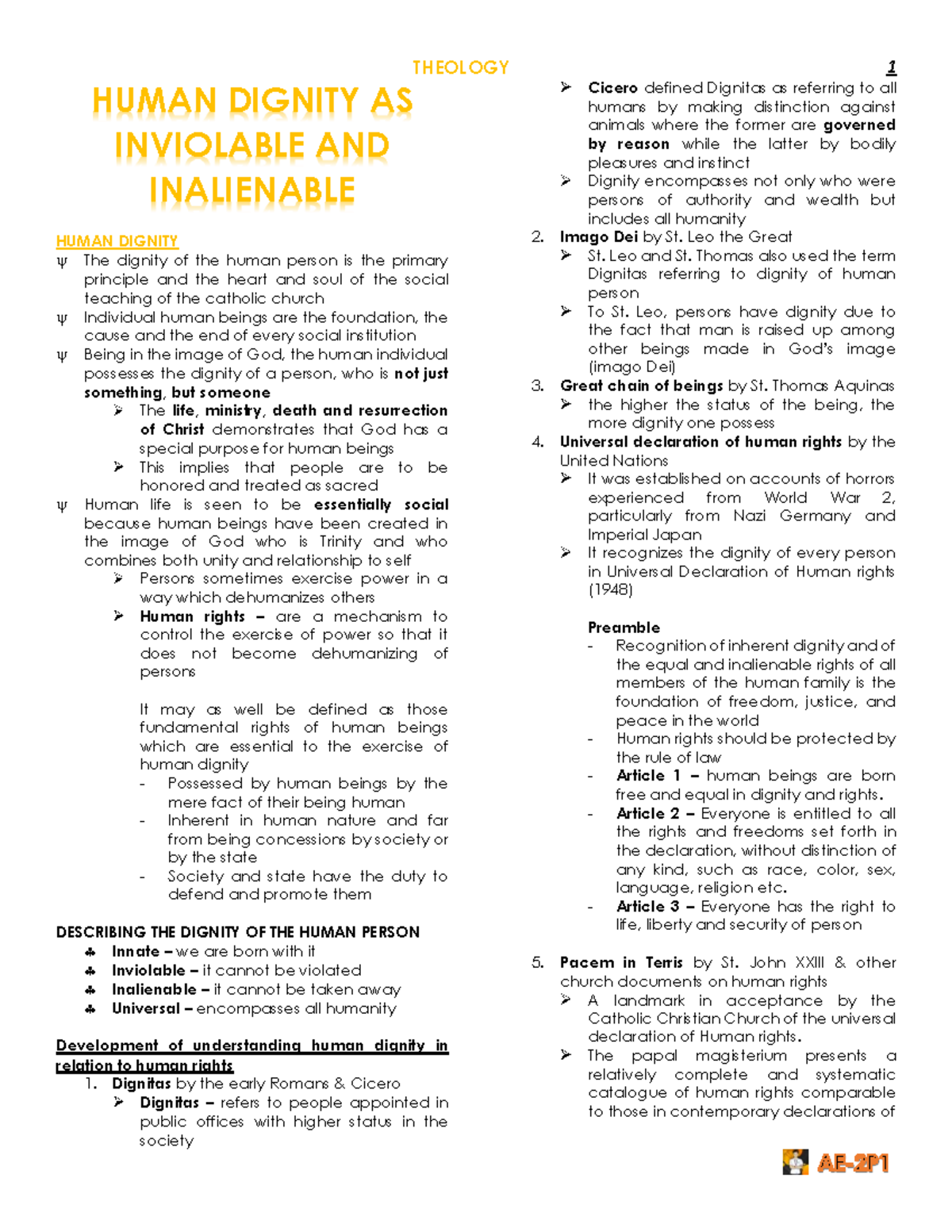 THEO Human Dignity as inviolable and inalienable - THEOLOGY 1 HUMAN ...