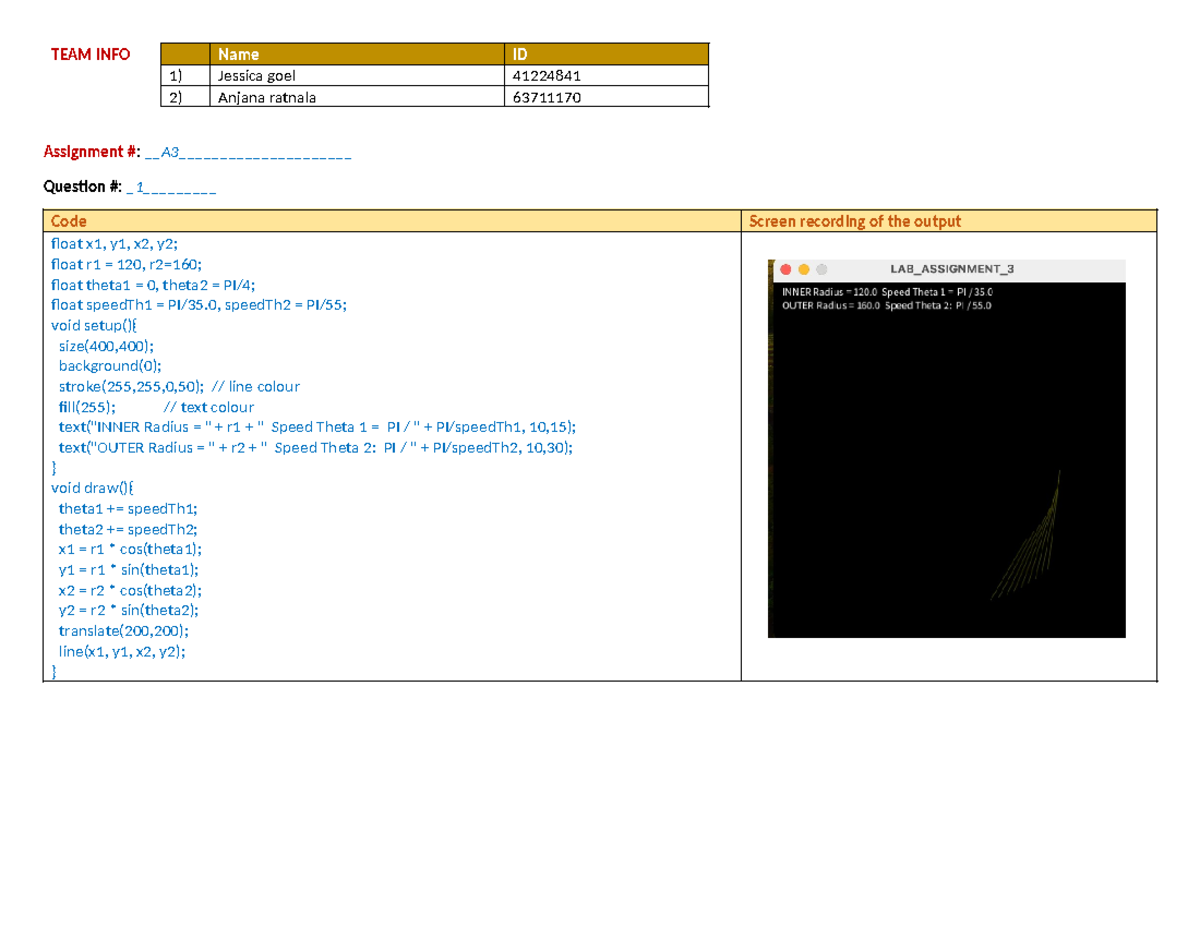 LAB 3 - LAB ASSIGNMENT - TEAM INFO Name ID 1) Jessica goel 41224841 2 ...