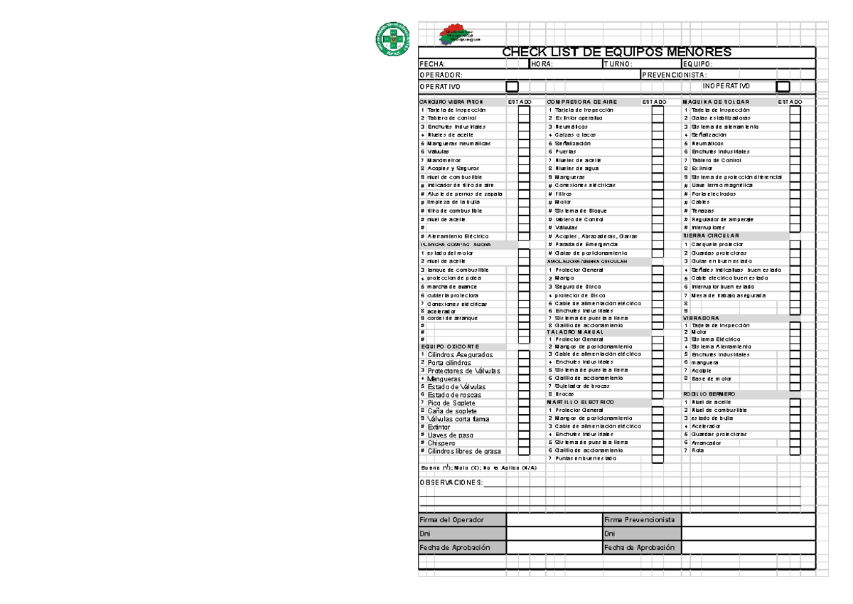 Reporte DE Checklist O Preouso DE Maquinaria Y Equipos - FECHA ...