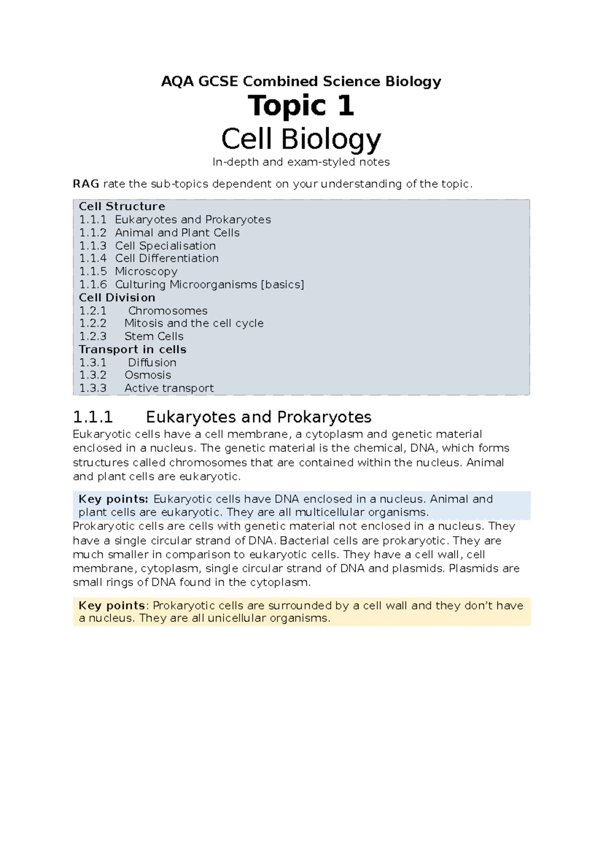 Cell Biology - notes - AQA GCSE Combined Science Biology Topic 1 Cell ...