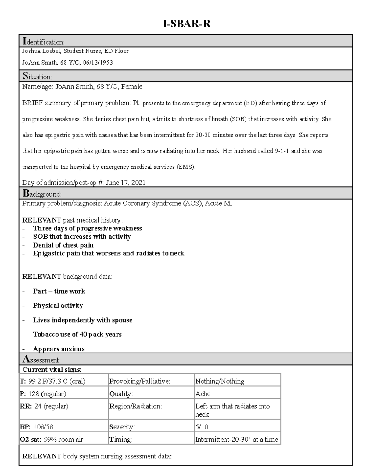 I-SBAR-R Template Basic - I-SBAR-R Identification: Joshua Loebel, Student Nurse, ED Floor JoAnn ...