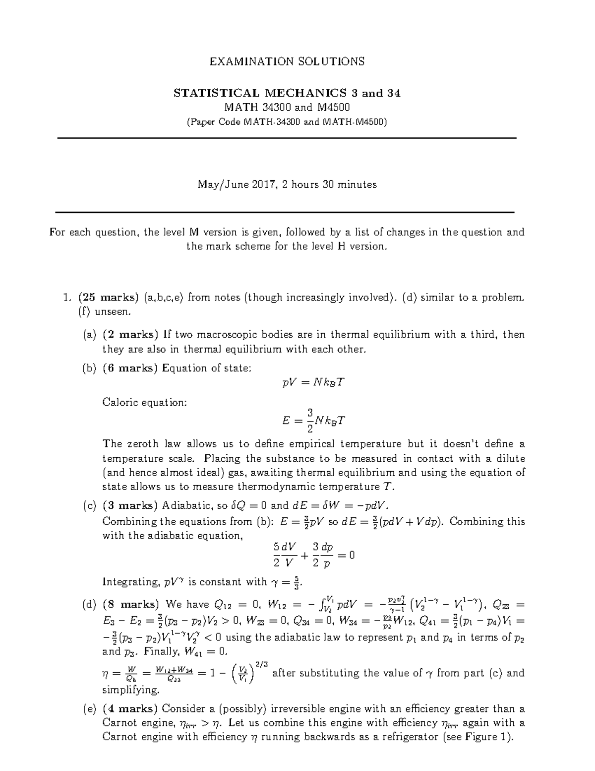 Statistical Mechanics 34 Exam Solutions 2018 - EXAMINATION SOLUTIONS ...