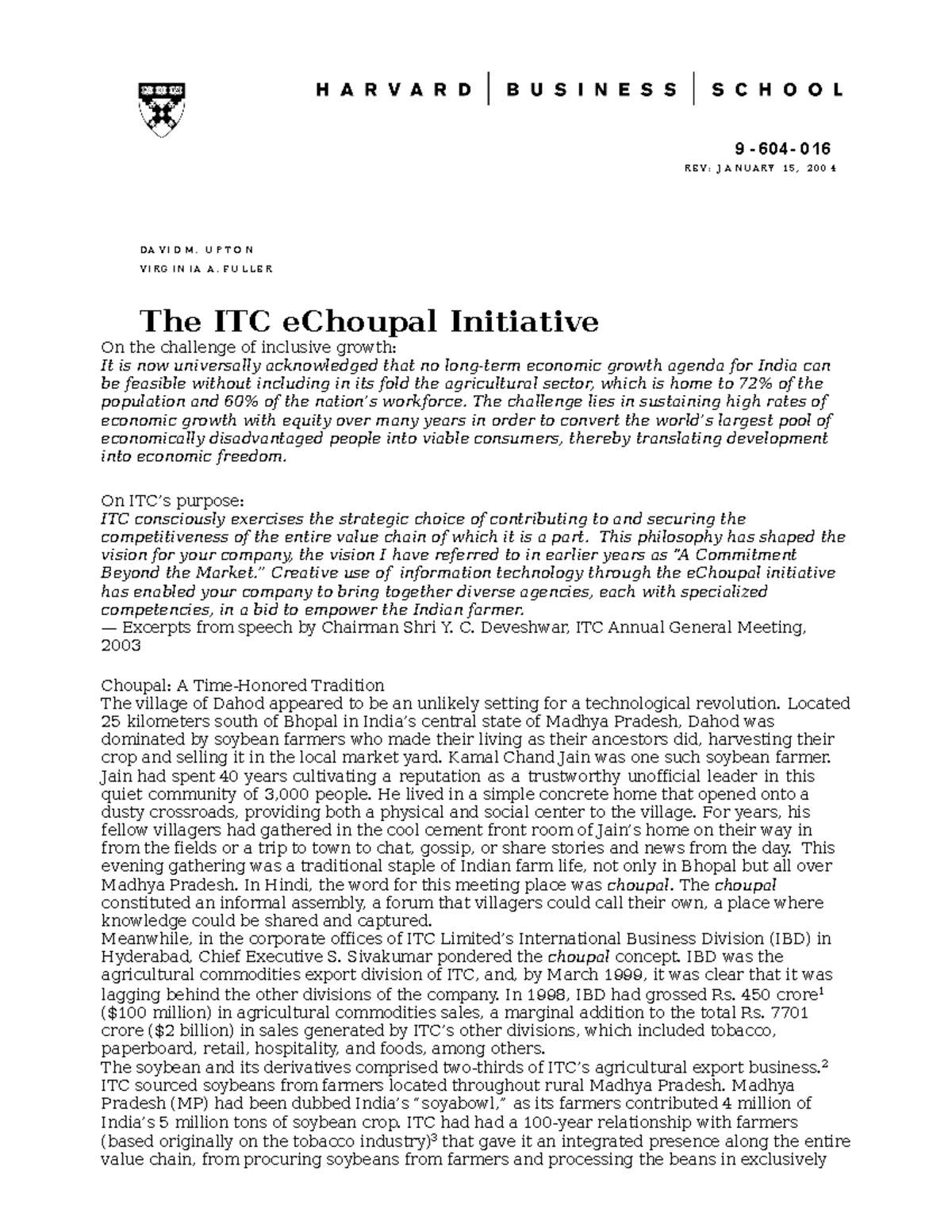 The ITC e Choupal Initiative - 9 - 604- 016 R E V: J A N U A RY 1 5 , 2 ...