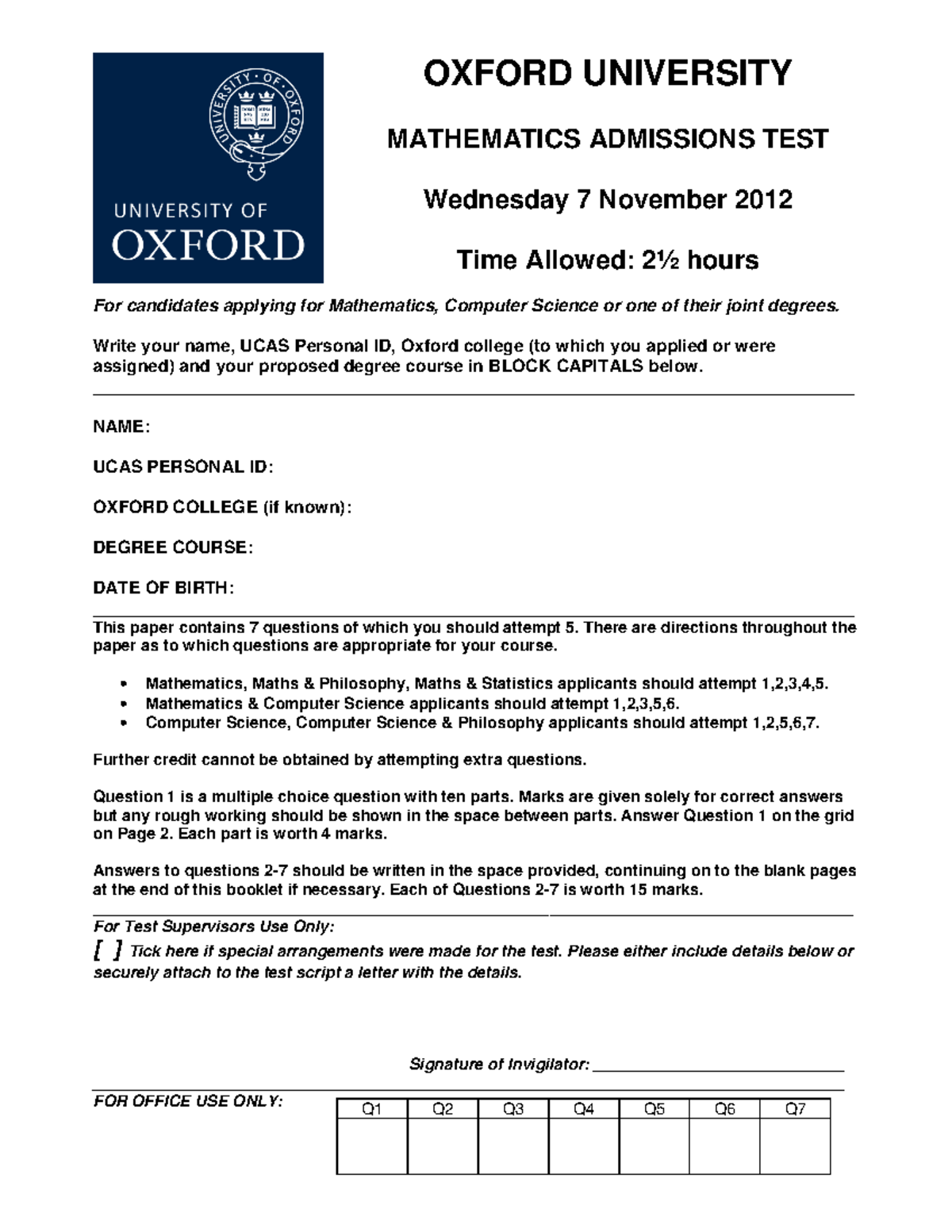 Oxfordtest 12 - OXFORD UNIVERSITY MATHEMATICS ADMISSIONS TEST Wednesday ...