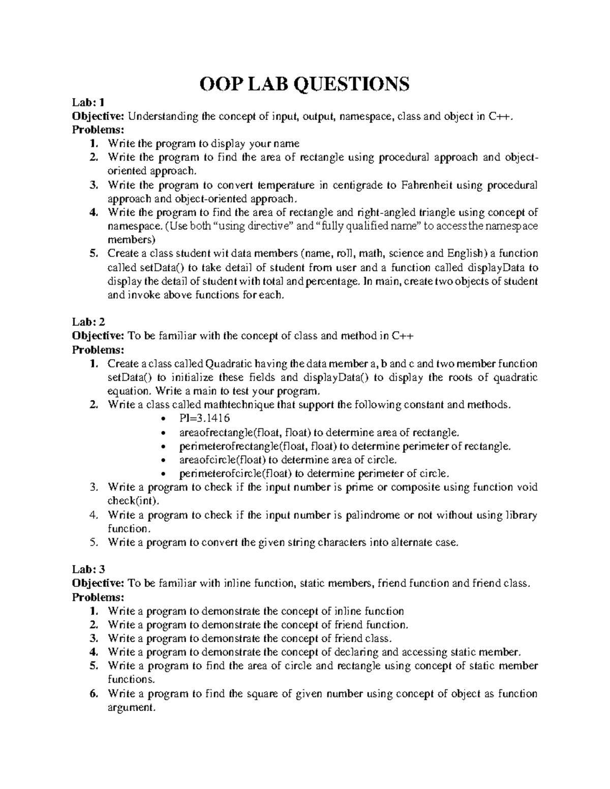 Lab Work Code List For Exam Oop Lab Questions Lab 1 Objective Understanding The Concept Of