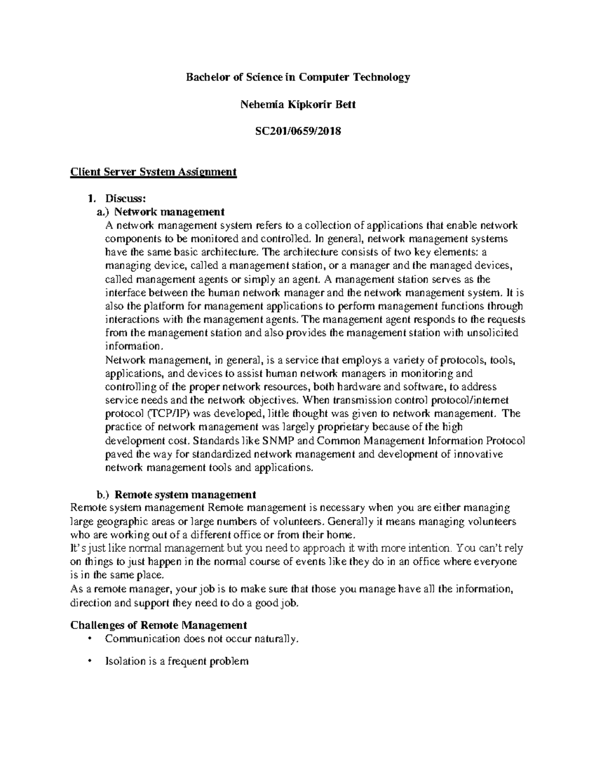 Client server assigment - Bachelor of Science in Computer Technology Nehemia Kipkorir Bett - Studocu