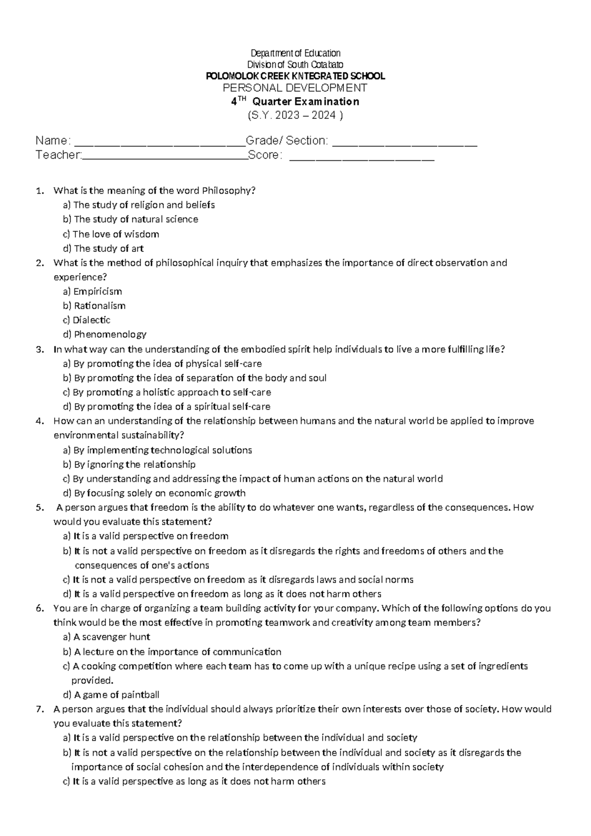personal development exam - Department of Education Division of South ...