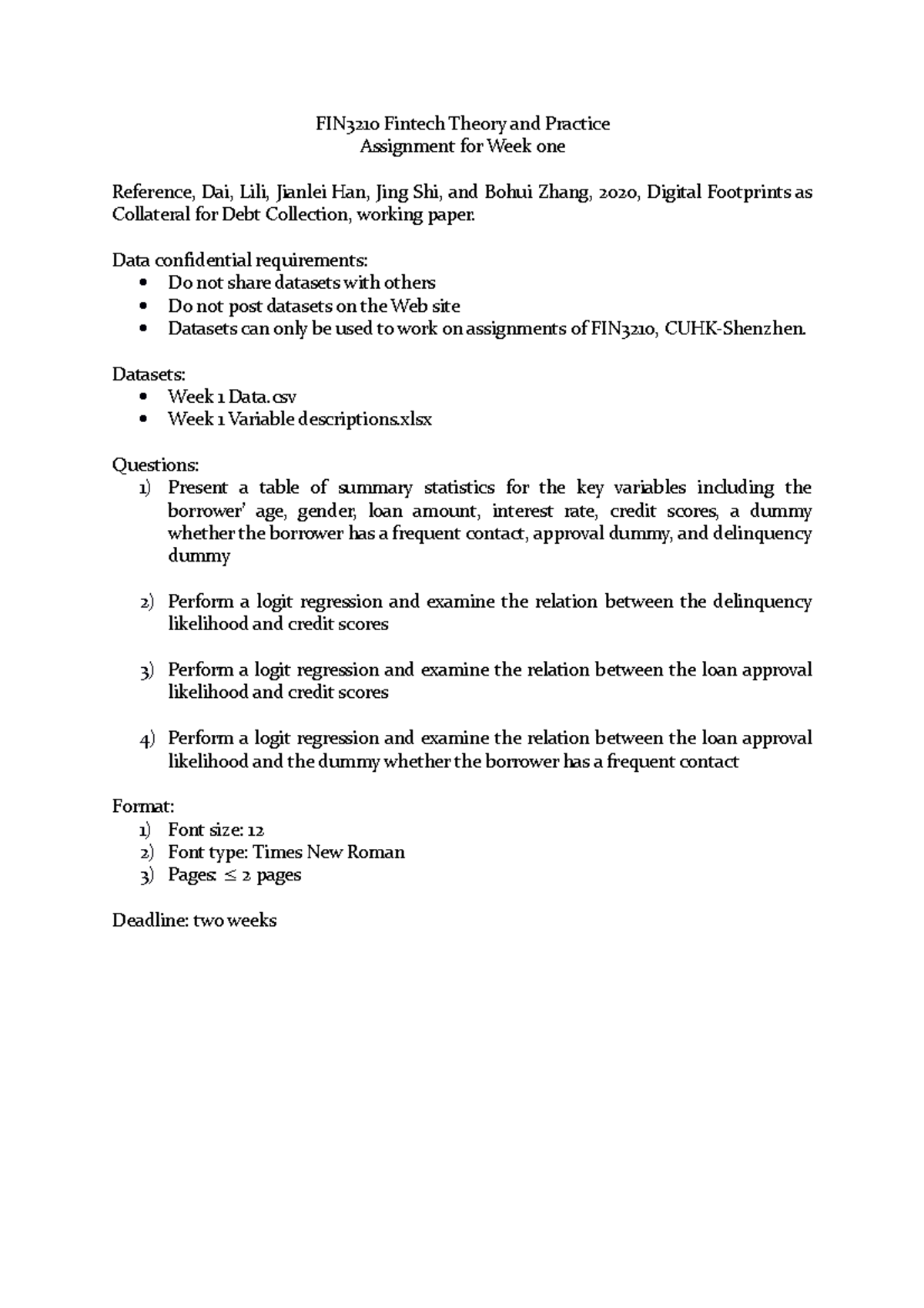 FIN3210 Week 1 Assignment - FIN3210 Fintech Theory and Practice Assignment for Week one ...