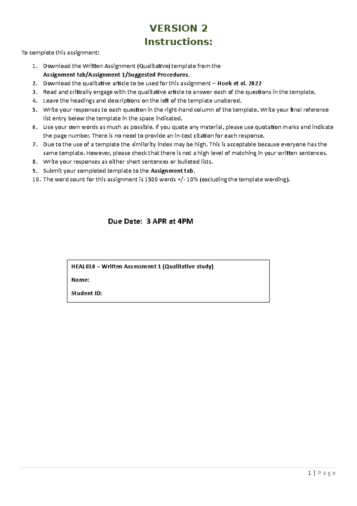 Assignment 1 Template Final due 3 Apr 4pm - VERSION 2 Instructions: To ...