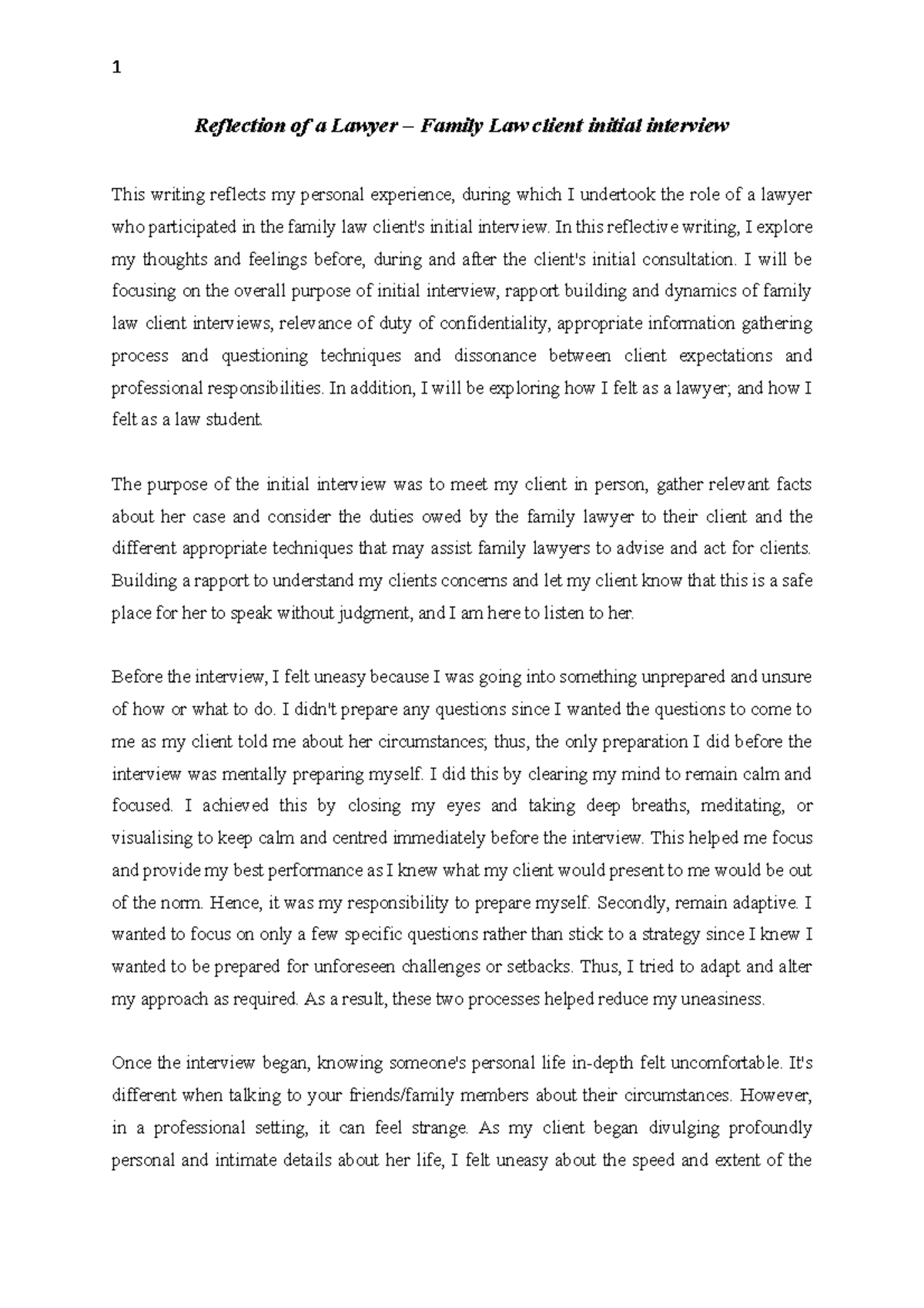 Final - Reflective report - Reflection of a Lawyer – Family Law client ...