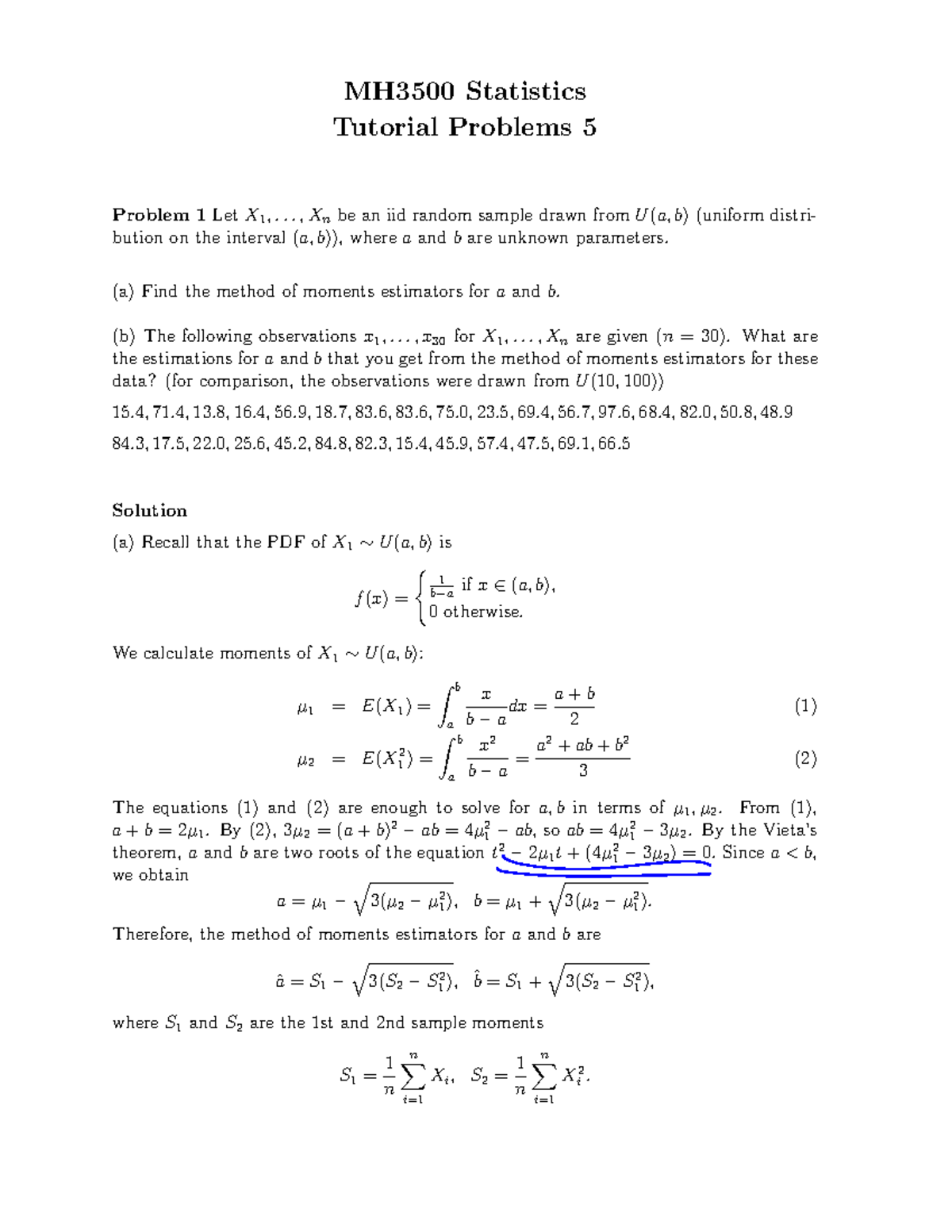 Tutorial 5 Solutions MH3500 Notes - MH3500 Statistics Tutorial Problems ...
