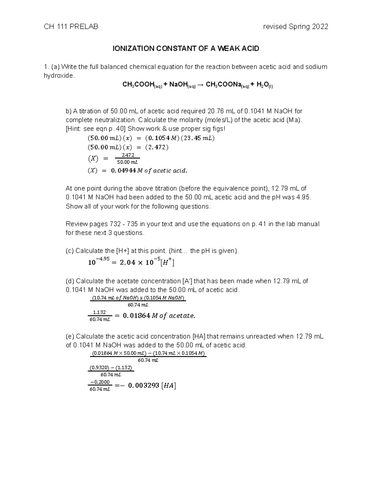 CH 111 Pre - Lab Ionization Constant OF A WEAK ACID - IONIZATION ...