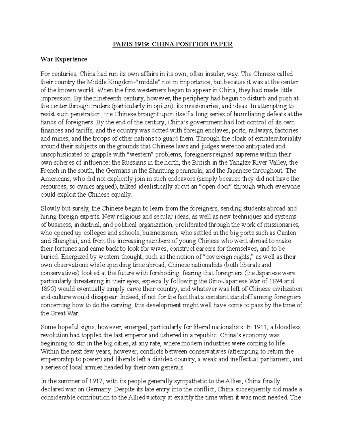 Paris 1919-China Position Paper - PARIS 1919: CHINA POSITION PAPER War ...
