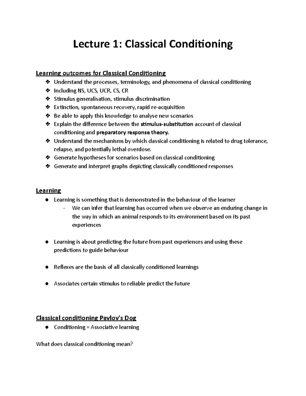 Psych Lecture 1 - Classical Conditioning - Lecture 1: Classical ...