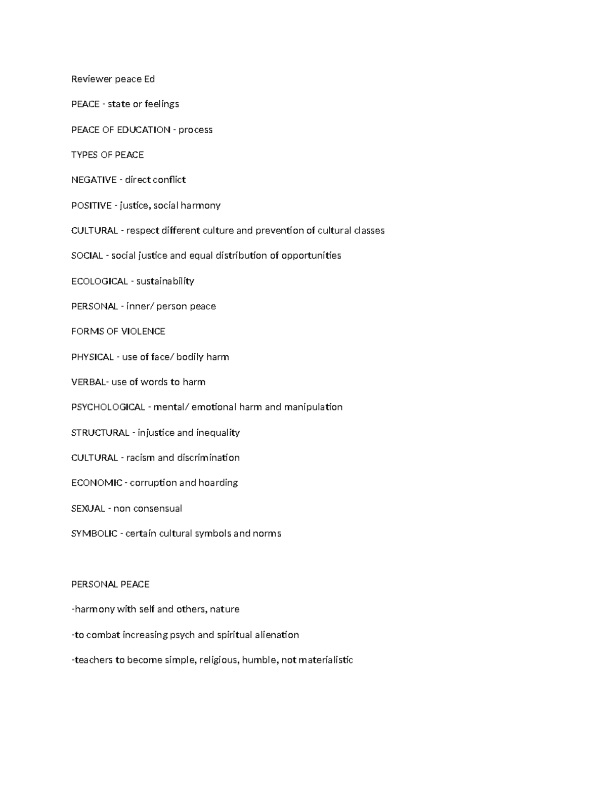 Reviewer peace ed - Reviewer peace Ed PEACE - state or feelings PEACE ...
