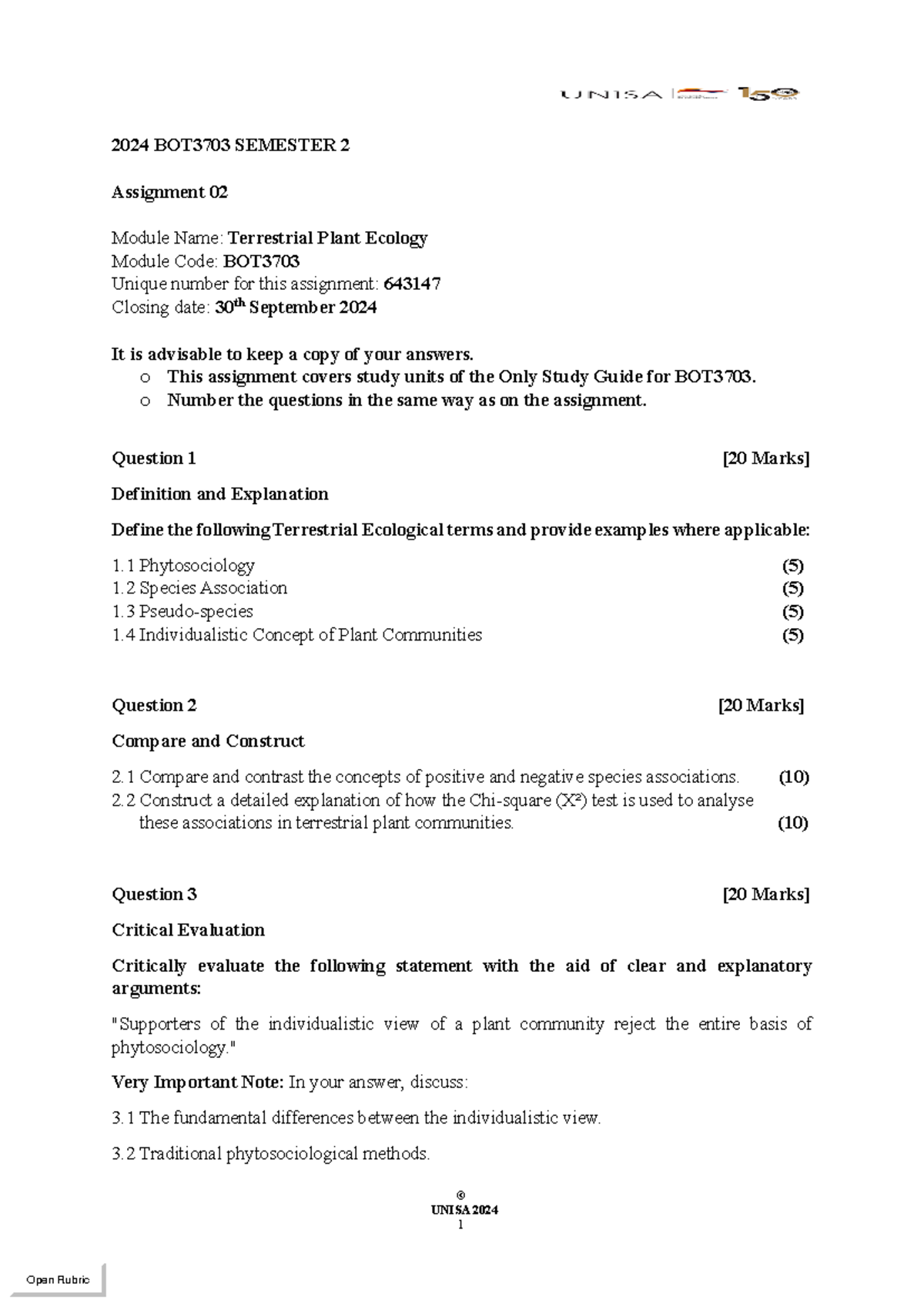 2024 BOT3703 Semester 2 -Assignment 02 - © UNISA 2024 1 2024 BOT3703 ...