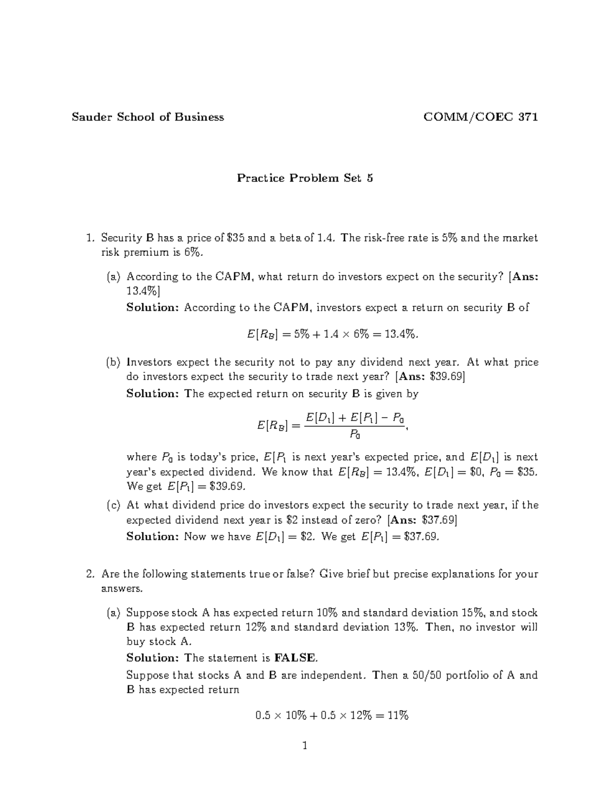 PPS5 Solution - practice problems that will help ace the final - Sauder ...