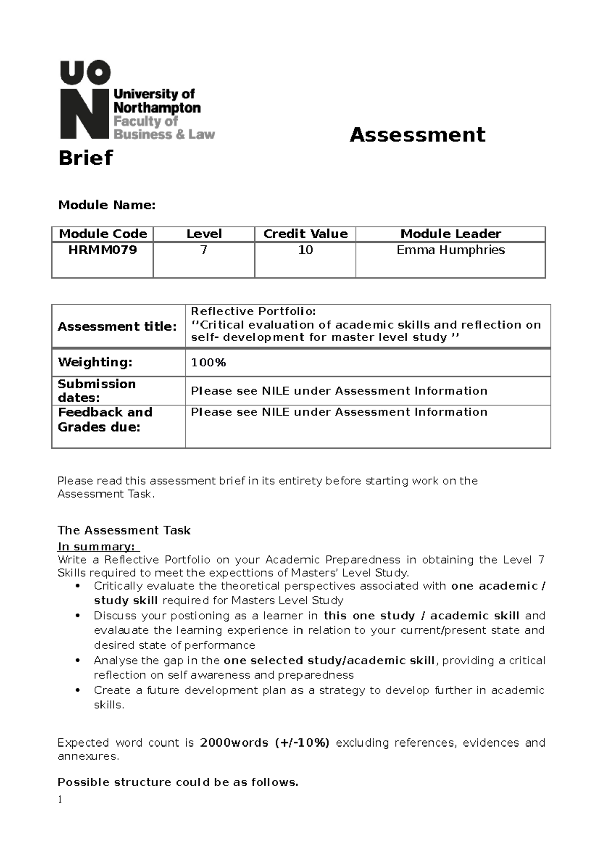 Assessment Brief - AS1 Reflective Portfolio - Assessment Brief Module Name: Module Code Level ...
