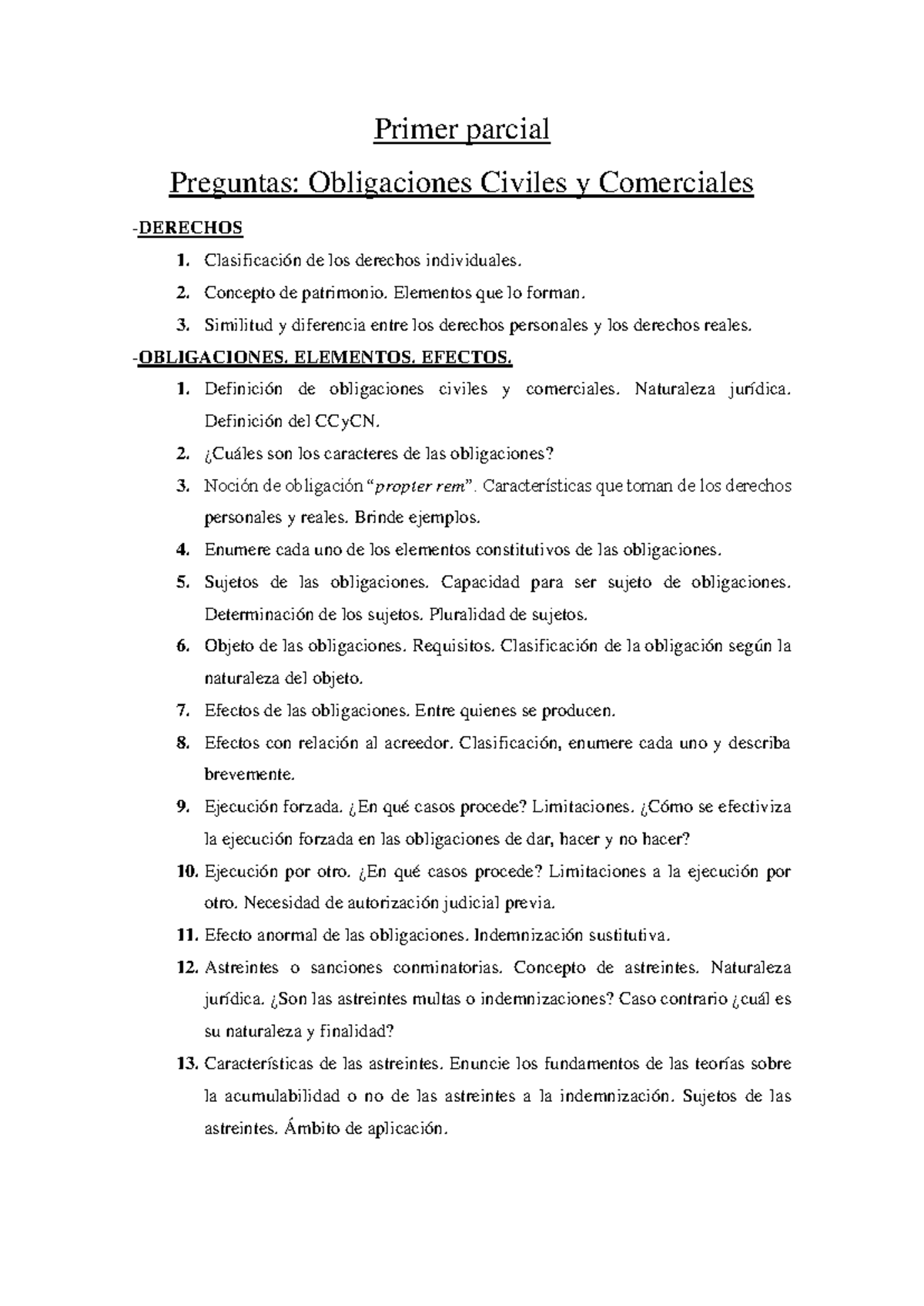 GUIA DE Preguntas 1ER Parcial 2024 - Primer parcial Preguntas: Obligaciones Civiles y ...