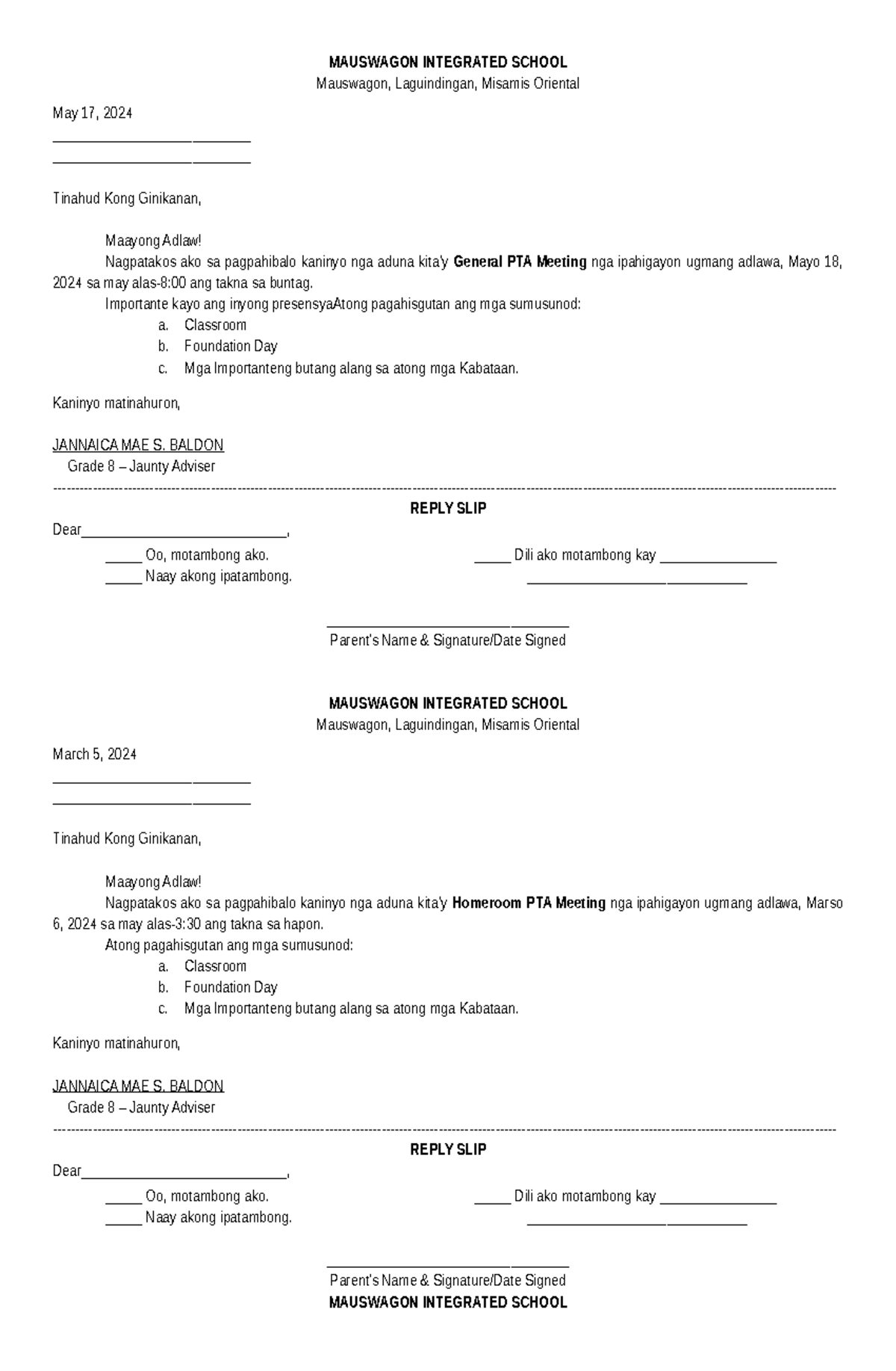 School Parents and Teachers Association (SPTA) Letter of Homeroom ...