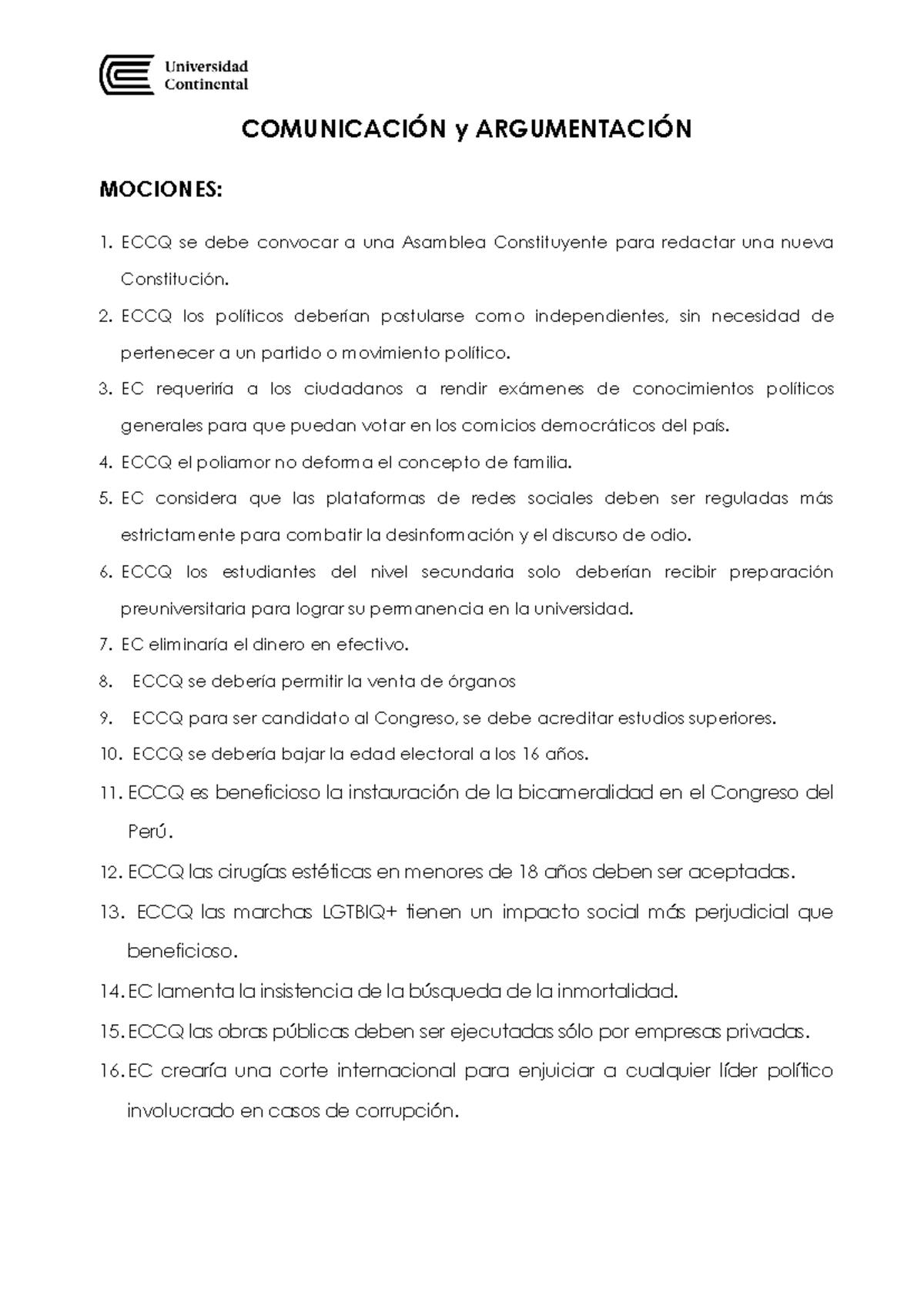 Mociones - Debate - COMUNICACIÓN y ARGUMENTACIÓN MOCIONES: 1. ECCQ se ...