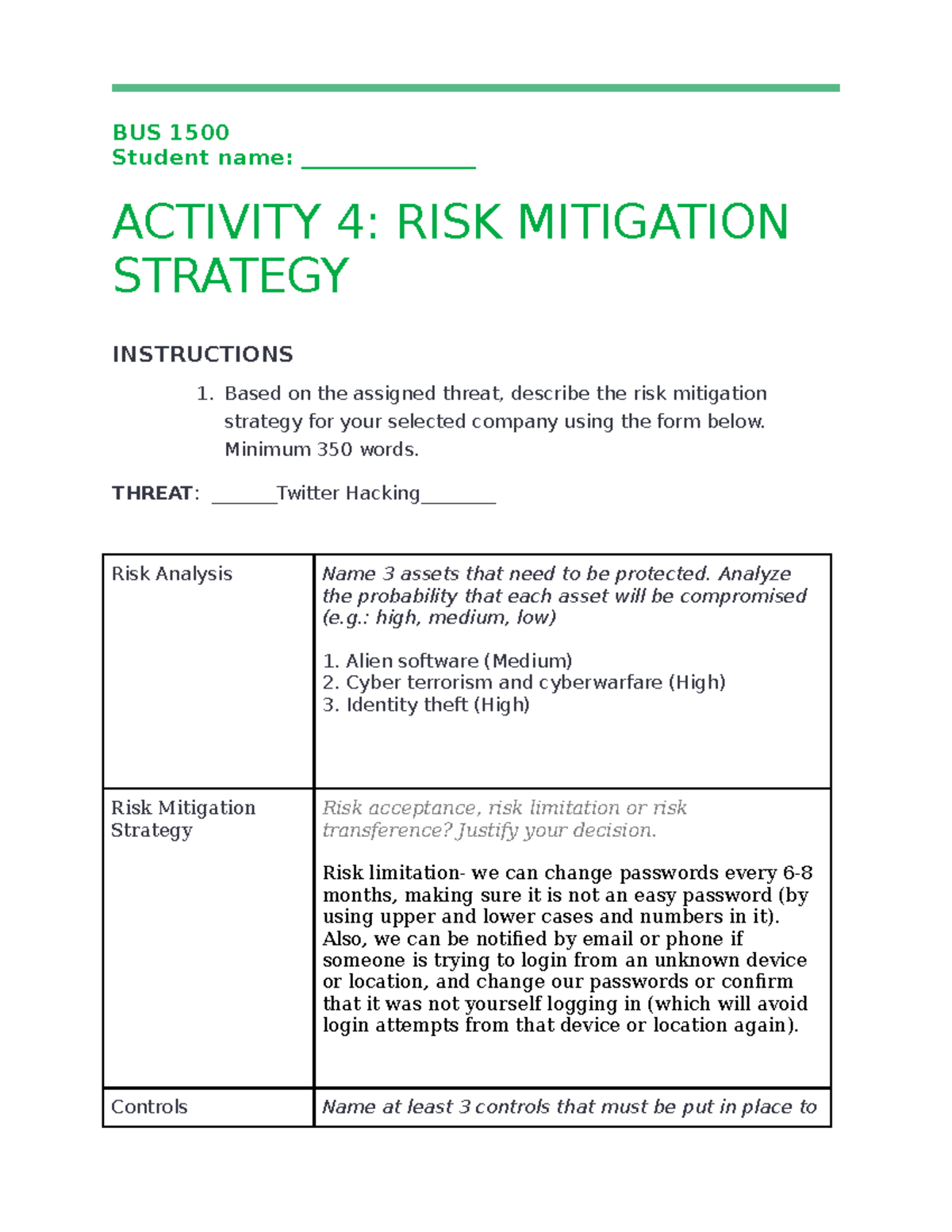 Activity 4 RISK Mitigation Strategy - BUS 1500 Student name ...