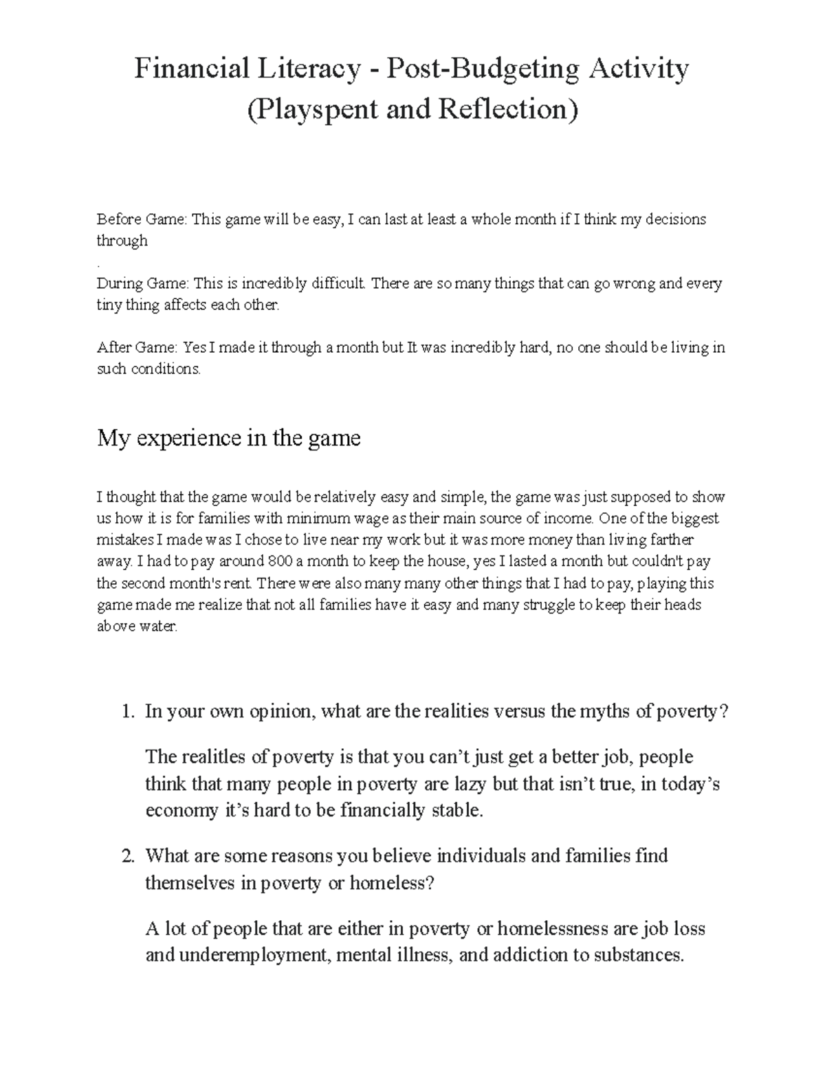 Financial Literacy - Post-Budgeting Activity (Playspent and Reflection ...