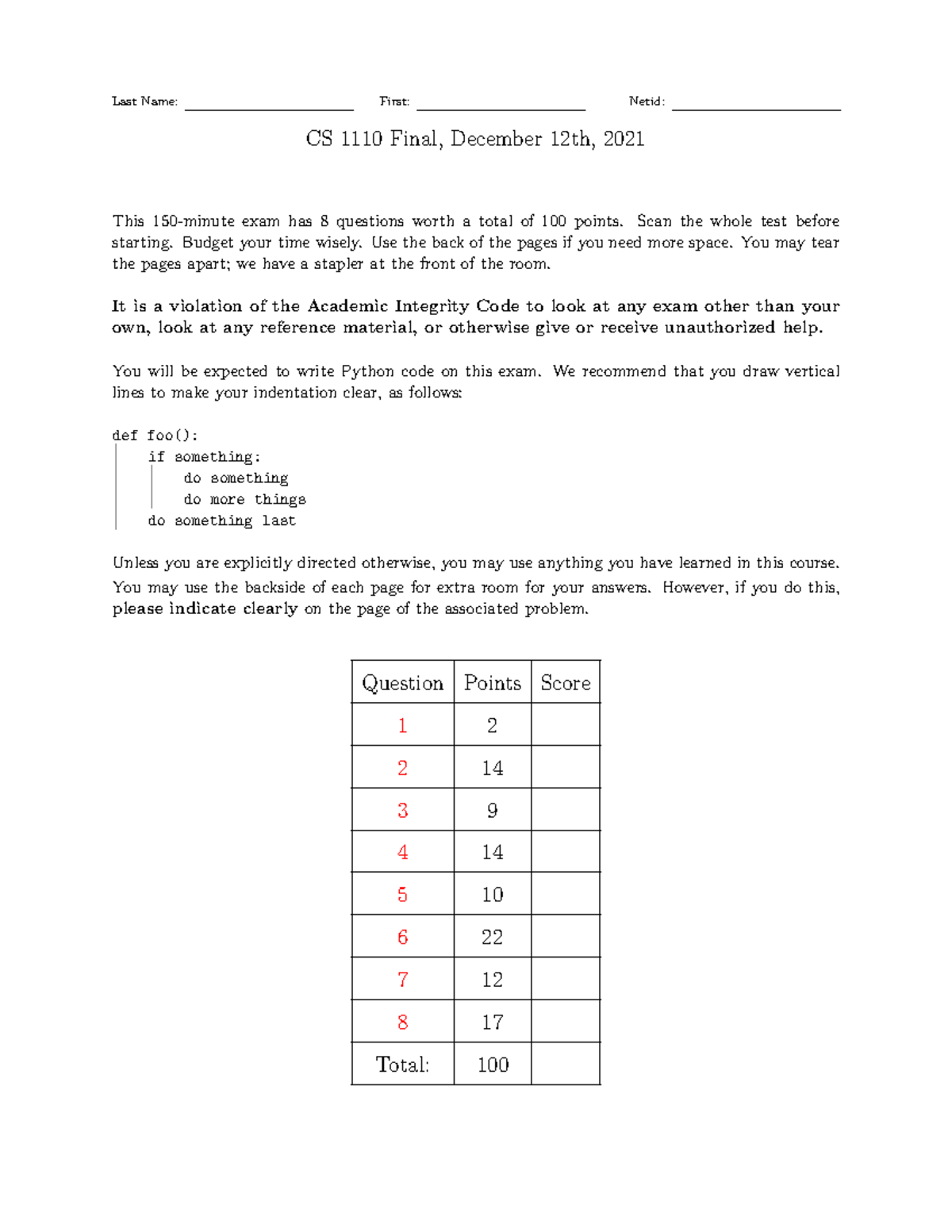 2021-fall-final - Past Finals from CS 1110 taught by Professor Anne ...