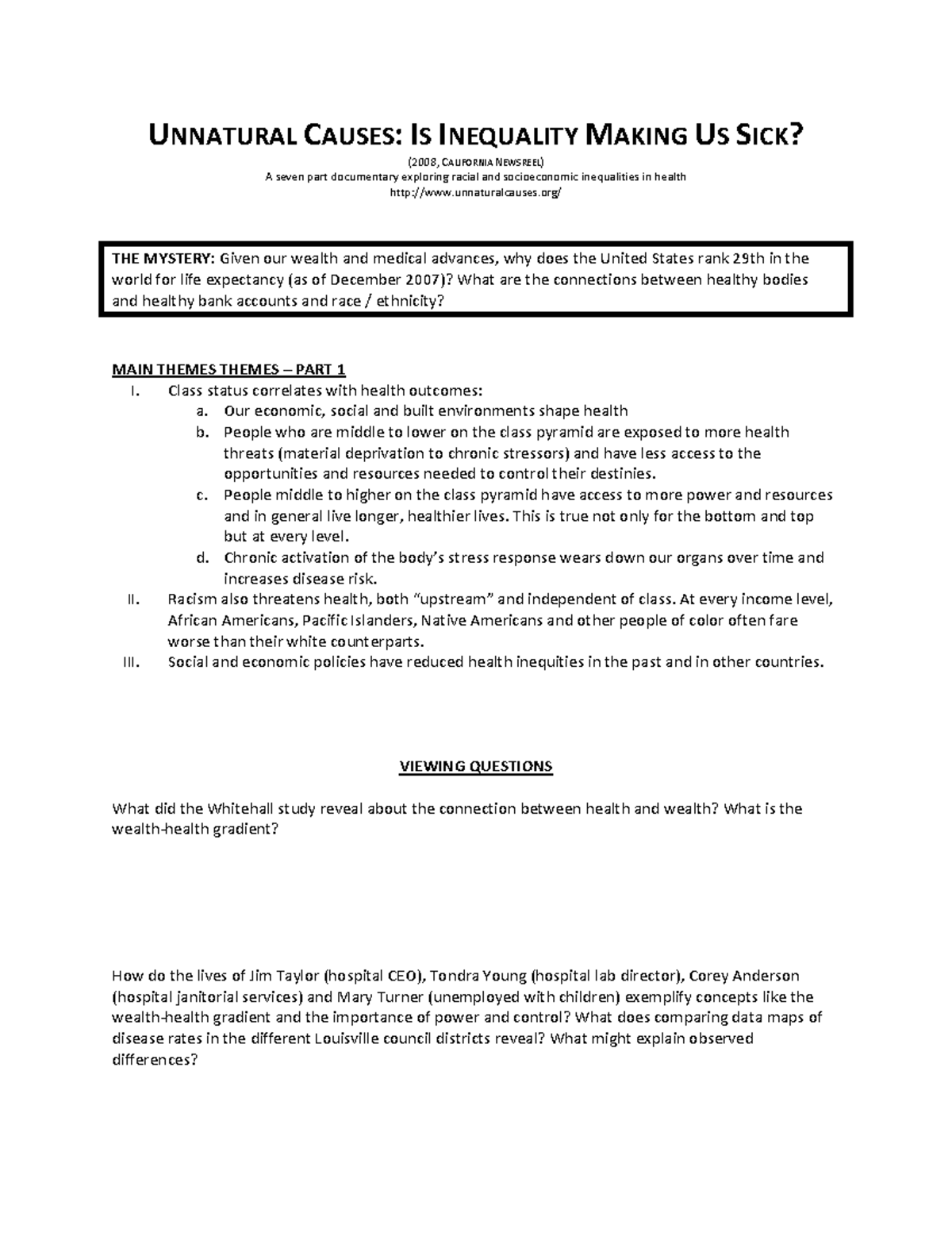 Unnatural+Causes+Viewing+Questions - UNNATURAL CAUSES: IS INEQUALITY ...