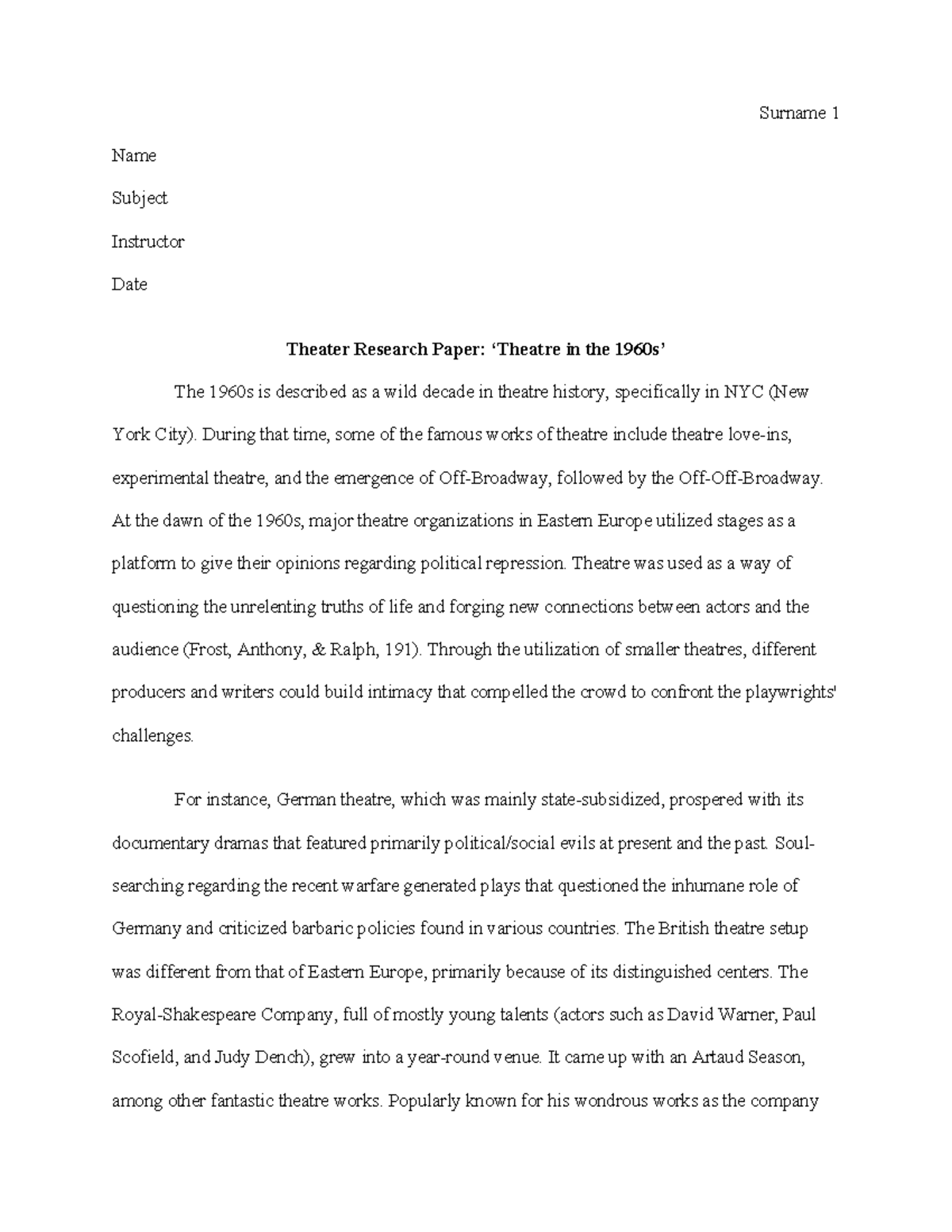 Theatre in the 1960s - okokoko - Name Subject Instructor Date Theater ...