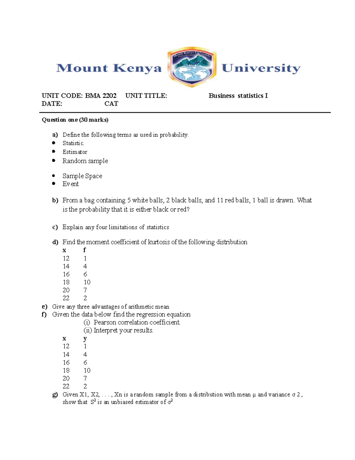 Continous Assessment Test Unit Code Bma 2202 Unit Title Business Statistics I Date Cat