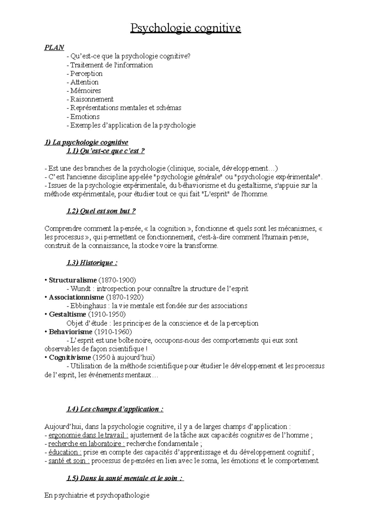 Psychologie cognitive-bases - Psychologie cognitive PLAN Qu’est-ce que ...