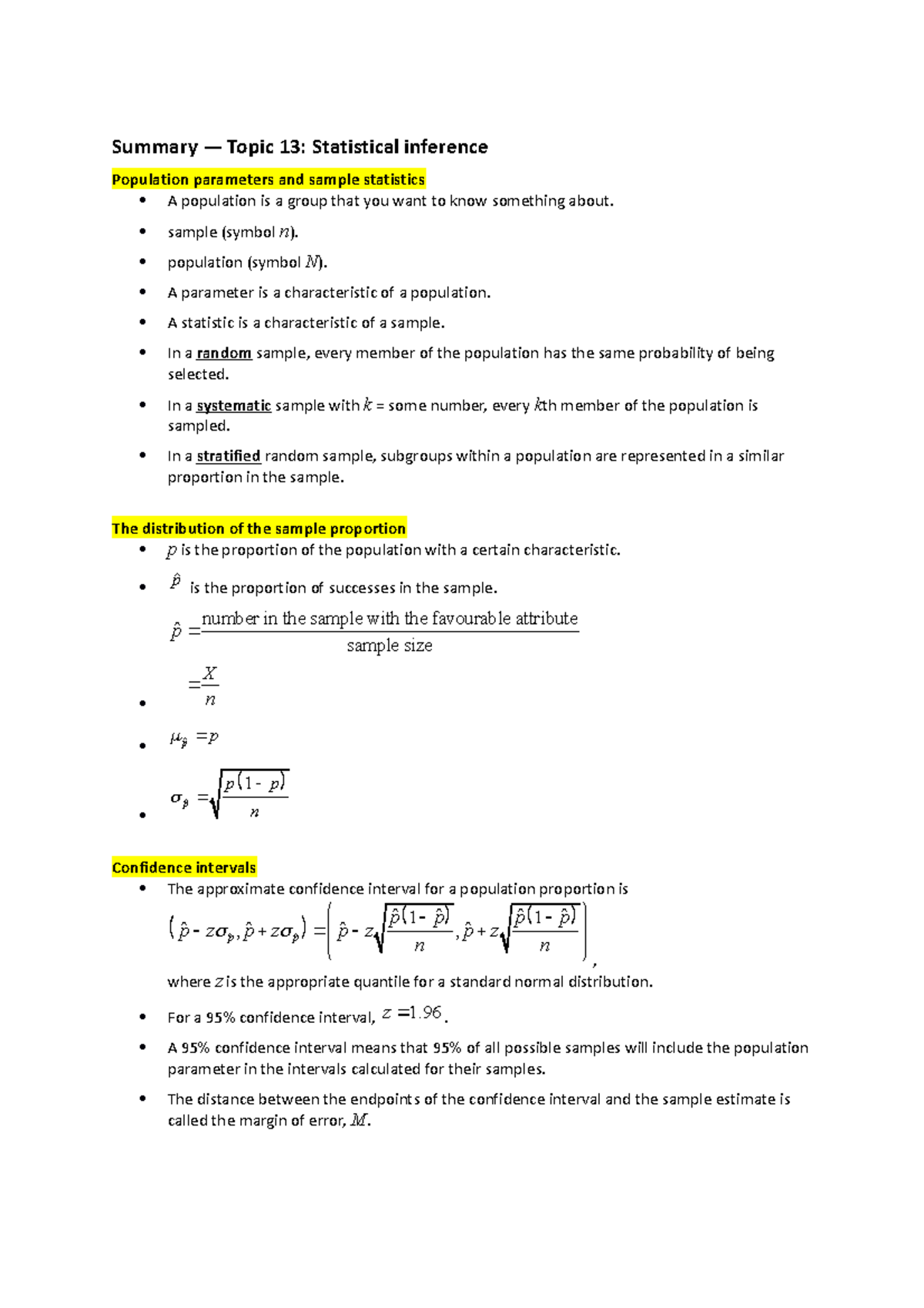 Summary — Topic 13 Statistical inference - Summary — Topic 13: Statistical inference Population ...