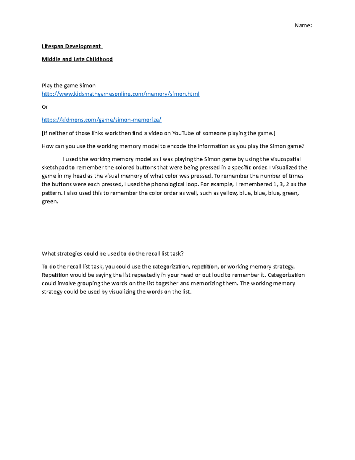 Worksheet - Mid-late childhood - cognitive - Name: Lifespan Development ...