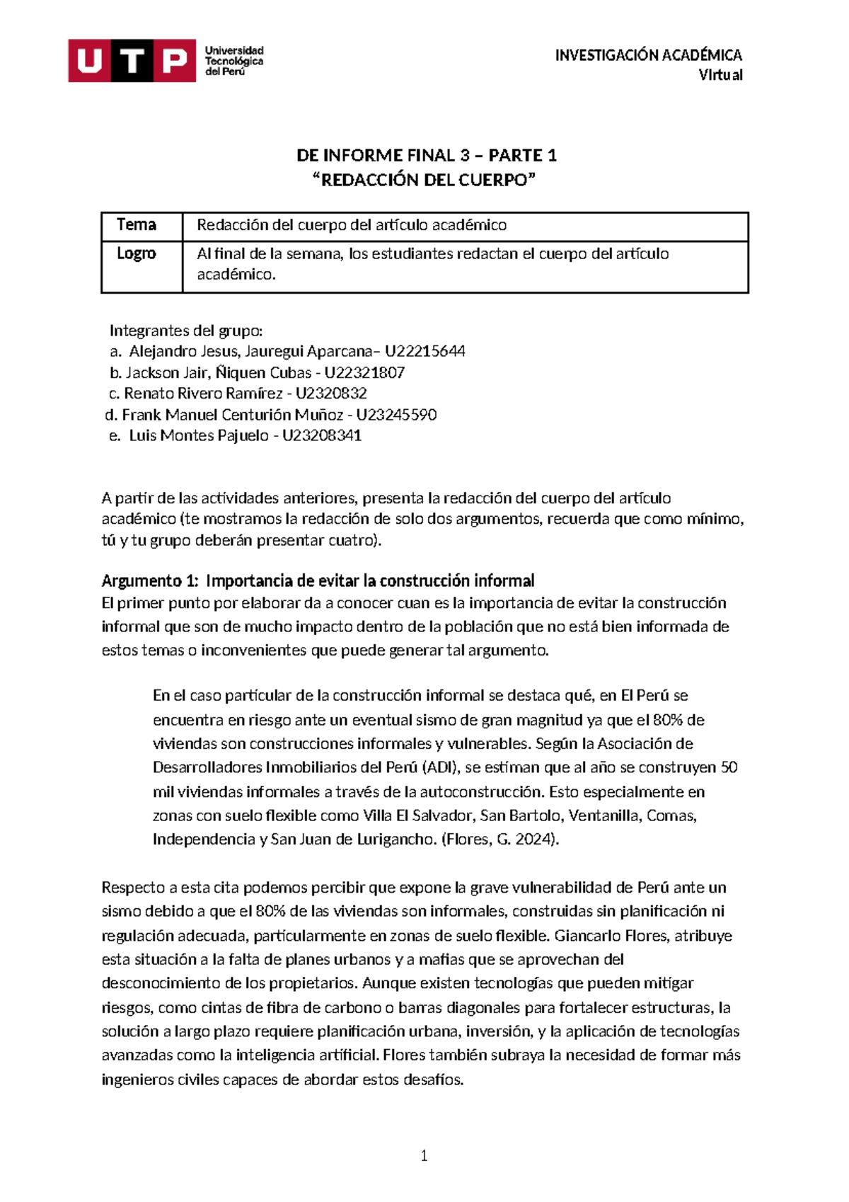 Avance Informe Final 3 - Parte 1 (AIF3) - Virtual DE INFORME FINAL 3 ...