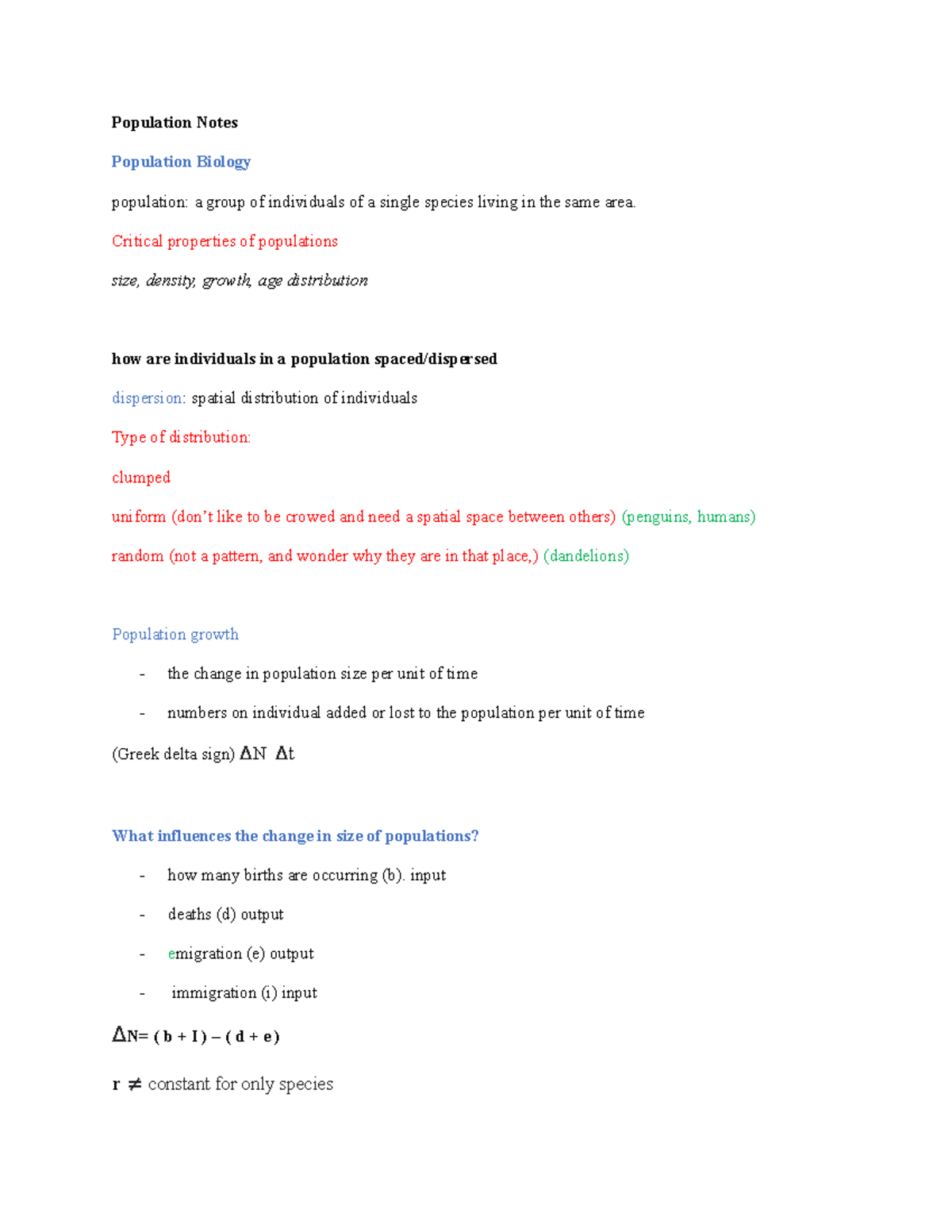 Population Notes Bio - Population Notes Population Biology population ...