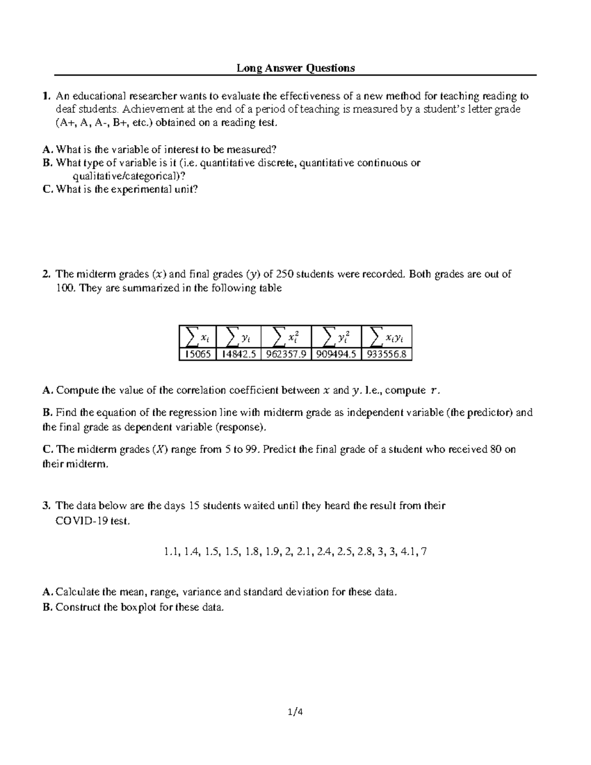 TEST 1 Practice - 1 / Long Answer Questions An educational researcher ...