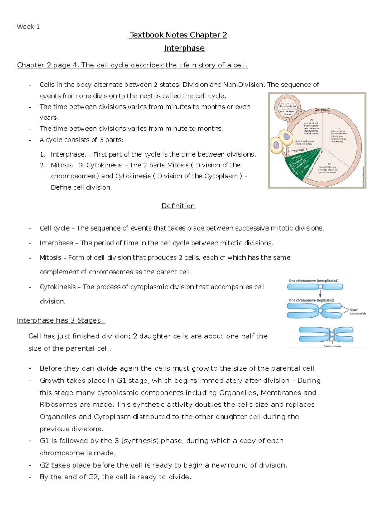 Textbook Notes Chapter 2 - The cell cycle describes the life history of ...