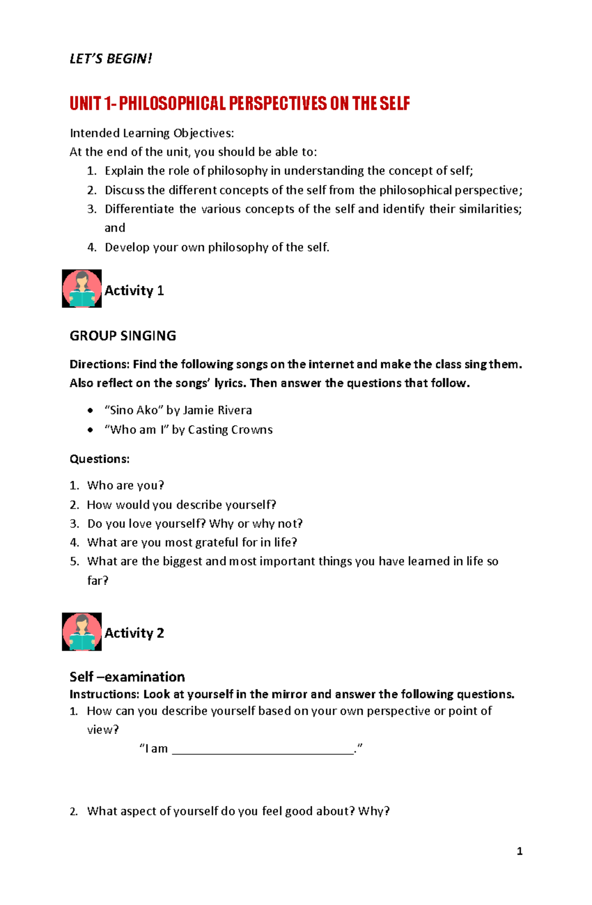 Undertsanding-the-self-content - LET’S BEGIN! UNIT 1- PHILOSOPHICAL ...