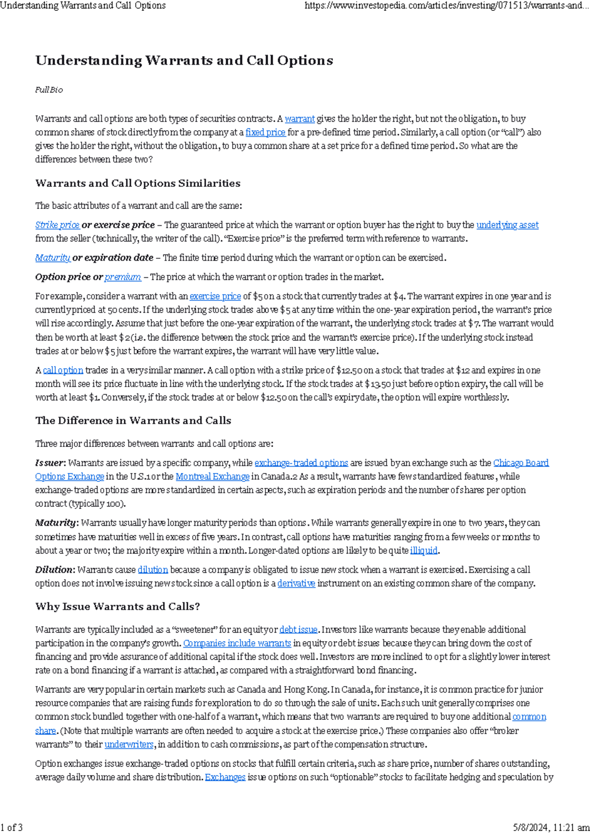 Understanding Warrants and Call Options - A warrant gives the holder ...