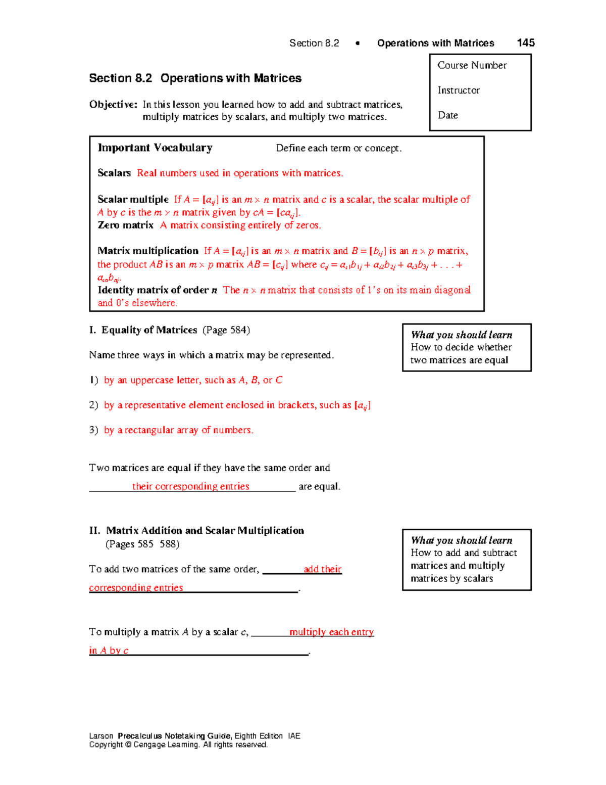 8 Operations with Matrices - I. Equality of Matrices (Page 584) Name ...