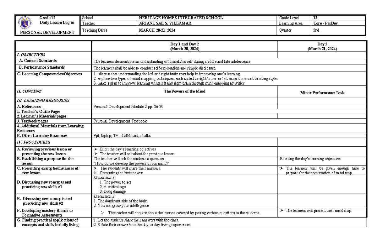 DLL-Mar 20-21, 2024 - daily lesson log - Grade 12 Daily Lesson Log in ...