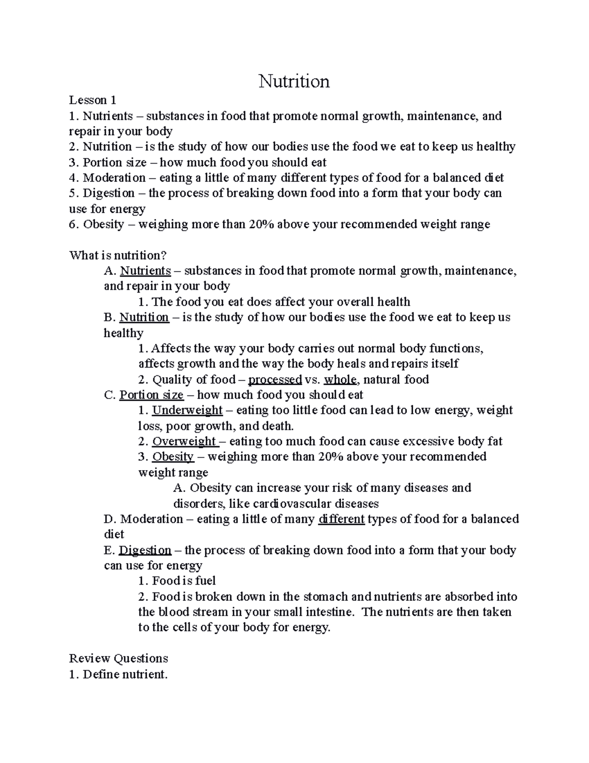 Nutrition teacher notes - Nutrition Lesson 1 Nutrients – substances in ...